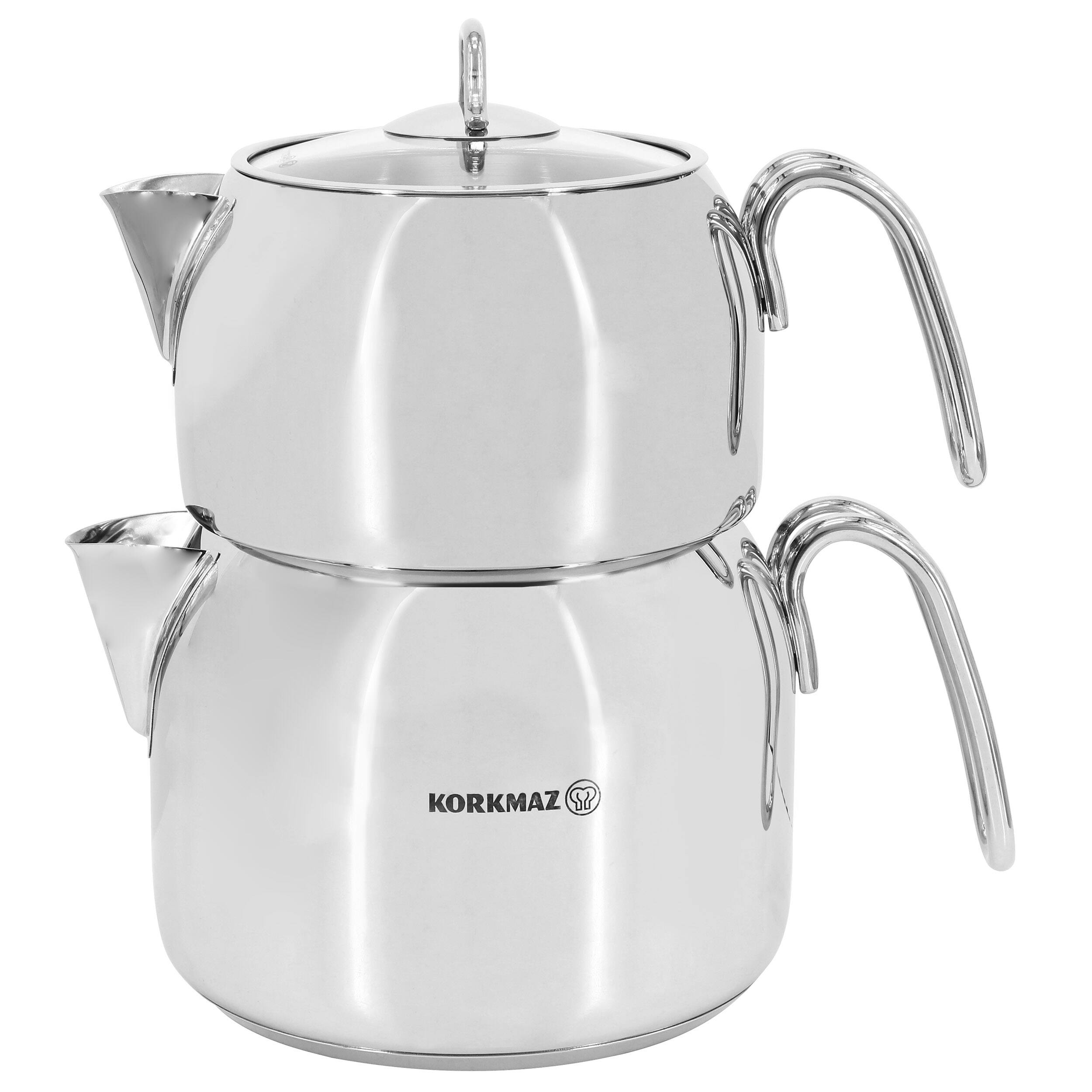 Korkmaz Perla Mega Stainless Steel 1.8 Liter Tea Pot and 3.2 Liter ...