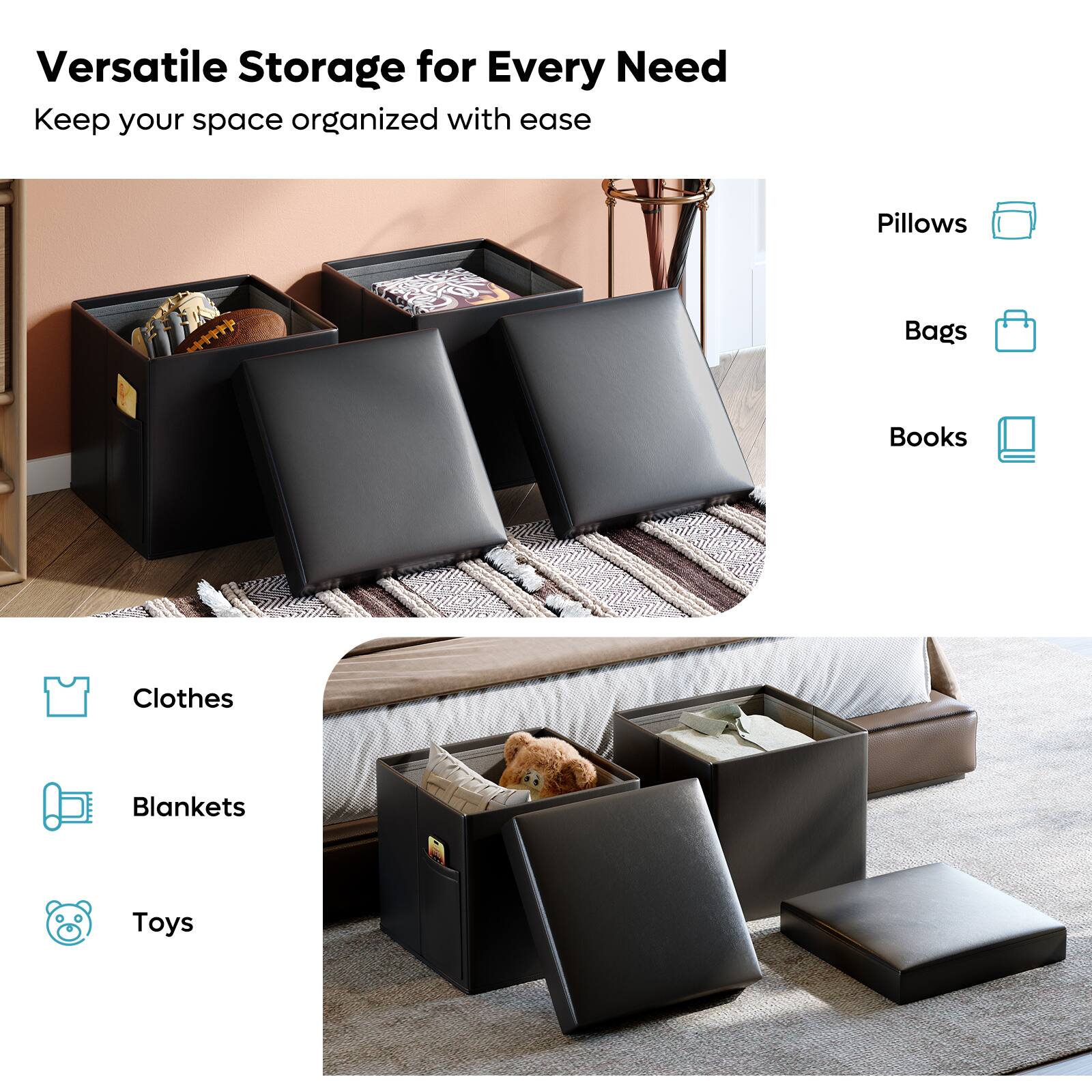 Pinmoco Leather Storage Ottoman Foldable Entryway Bench with Cozy ...