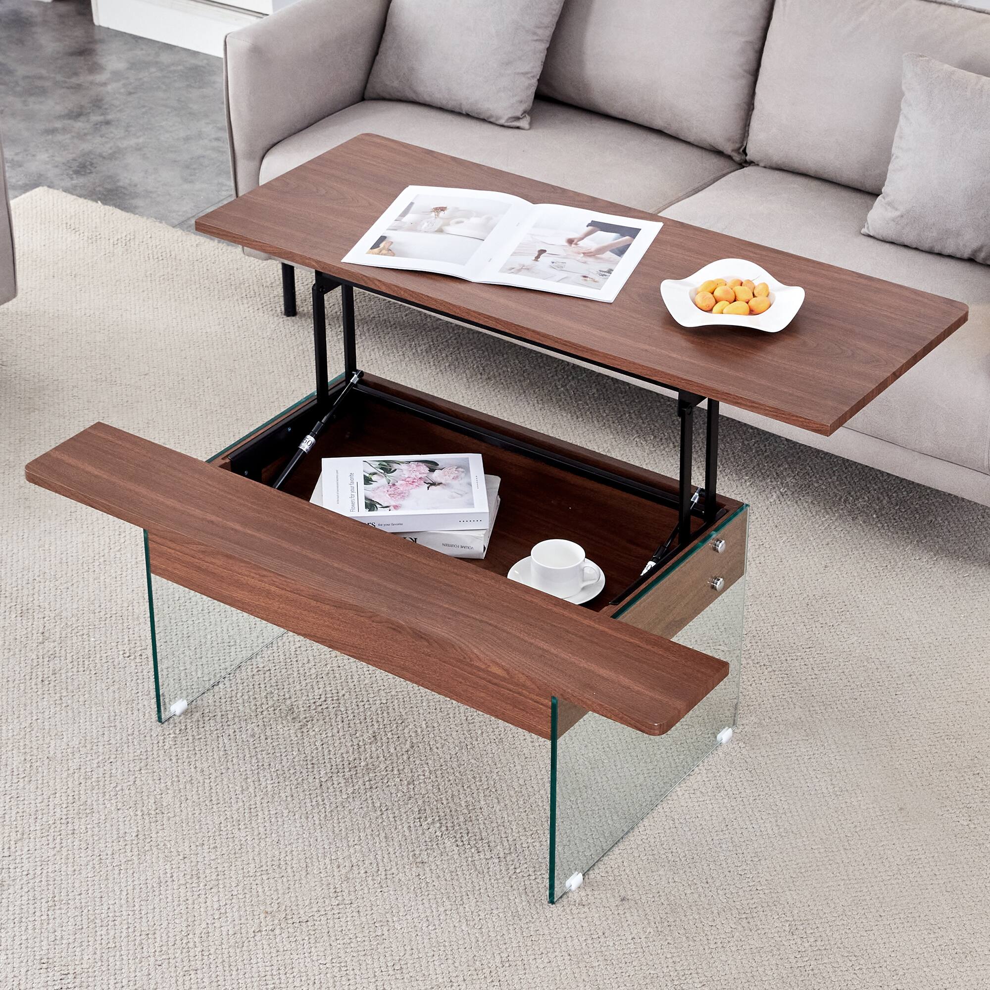 TinyHomie Multifunctional Lift Top Coffee Table Dark Wood Grain ...