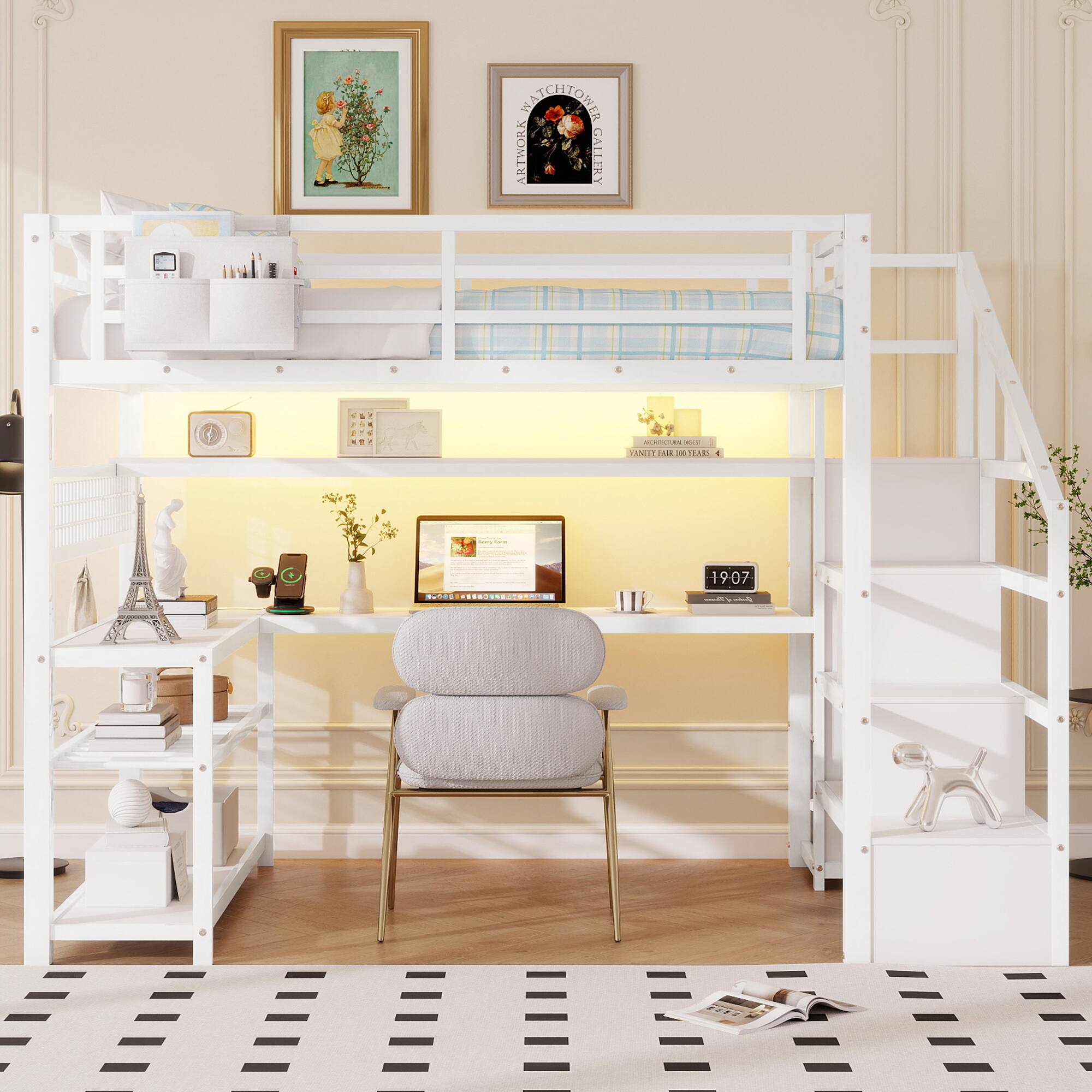 TinyHomie Full Size Loft Bed with Staircase and Wardrobe Desk Storage ...