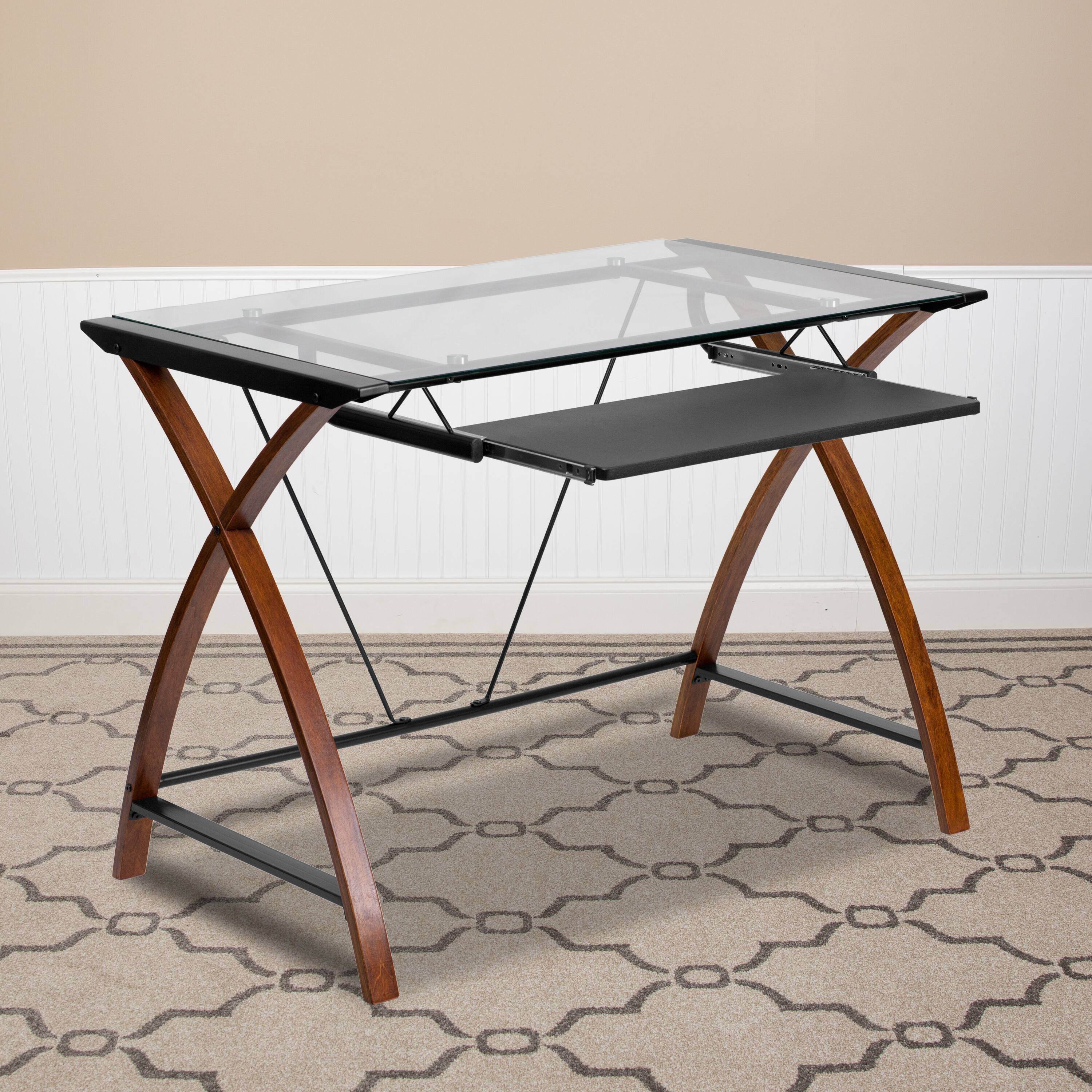 Emma + Oliver Glass Computer Desk Pull Out Keyboard Tray & Crisscross ...