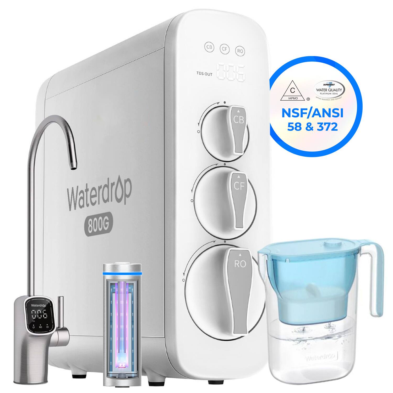 Waterdrop G3P800 Reverse Osmosis System Extra WD PT 05B L Water Filter Pitcher White WD-G3P8-05B ...