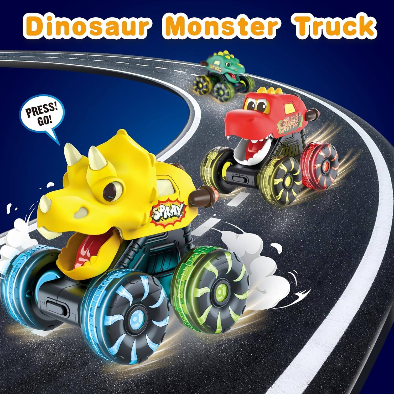 Auledio 3 Pack Dinosaur Monster Truck Toys with Light Up LED Wheels for Toddlers Kids Christmas ...