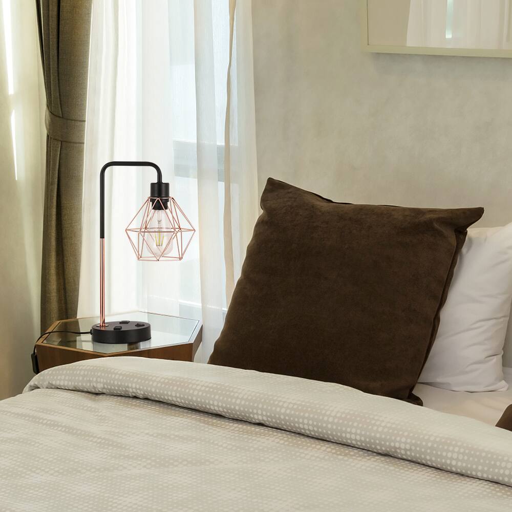 Oumilen Industrial Rose Gold Geometric Cage Desk Lamp with USB & AC ...