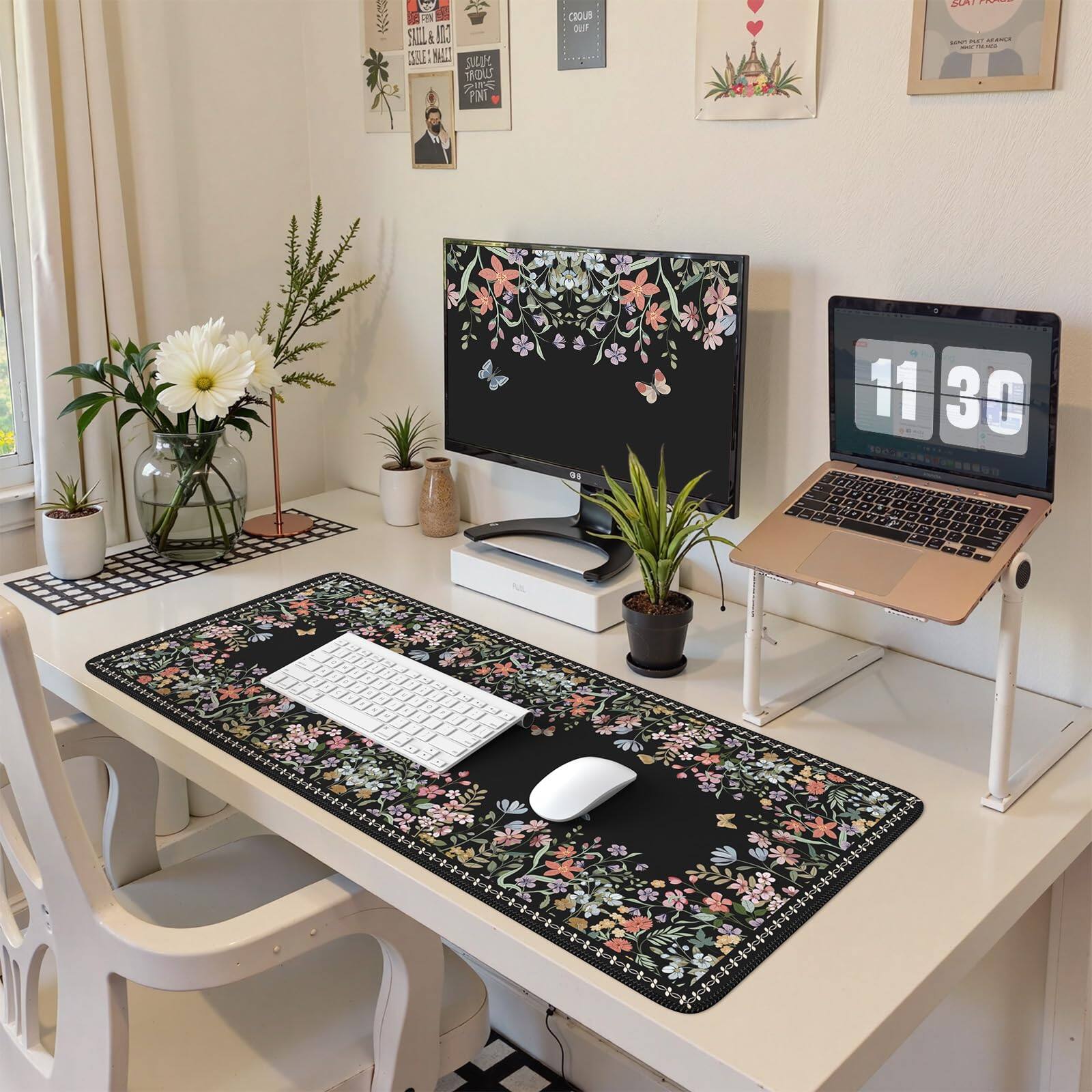 Earthley Blooms Floral Desk Pad For And Mouse Black With Non slip Rubber Base Xxl Mat Edge ...