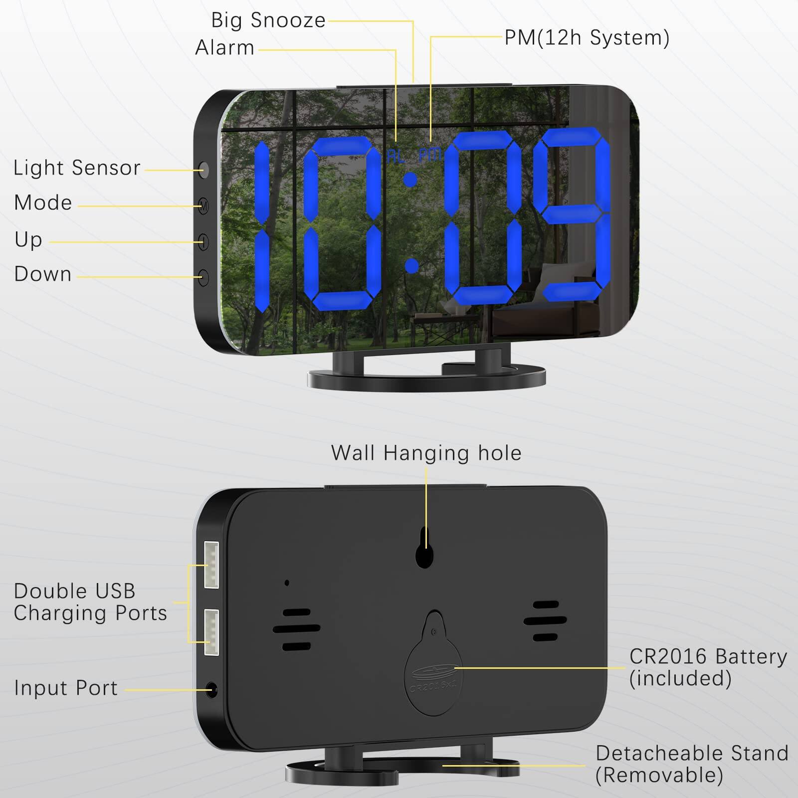 Cedar Assembly Digital Alarm Clock Mirrored Led Display With Usb Snooze ...