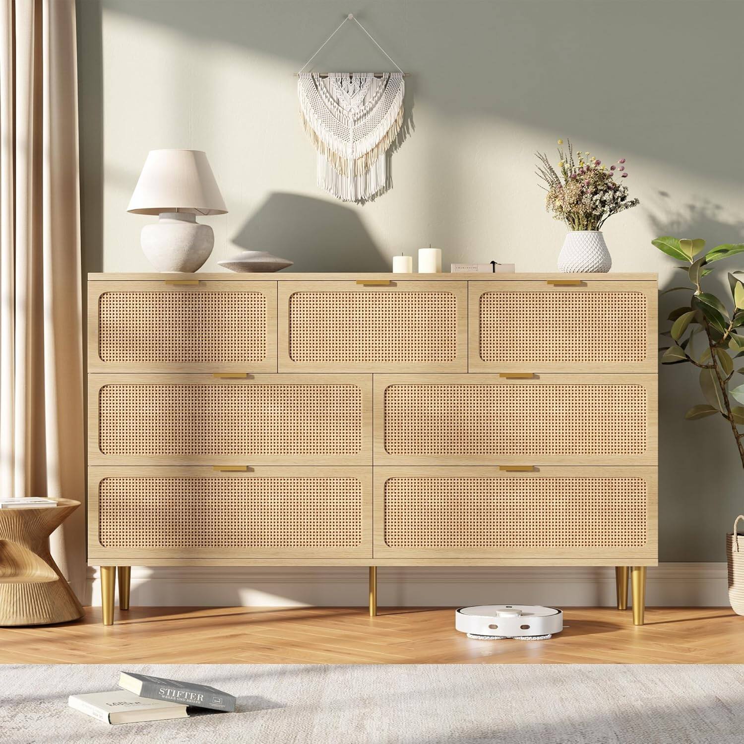 Electrodes Masters Rattan 7 Drawer Dresser, Tall Wood Chest with Wide ...