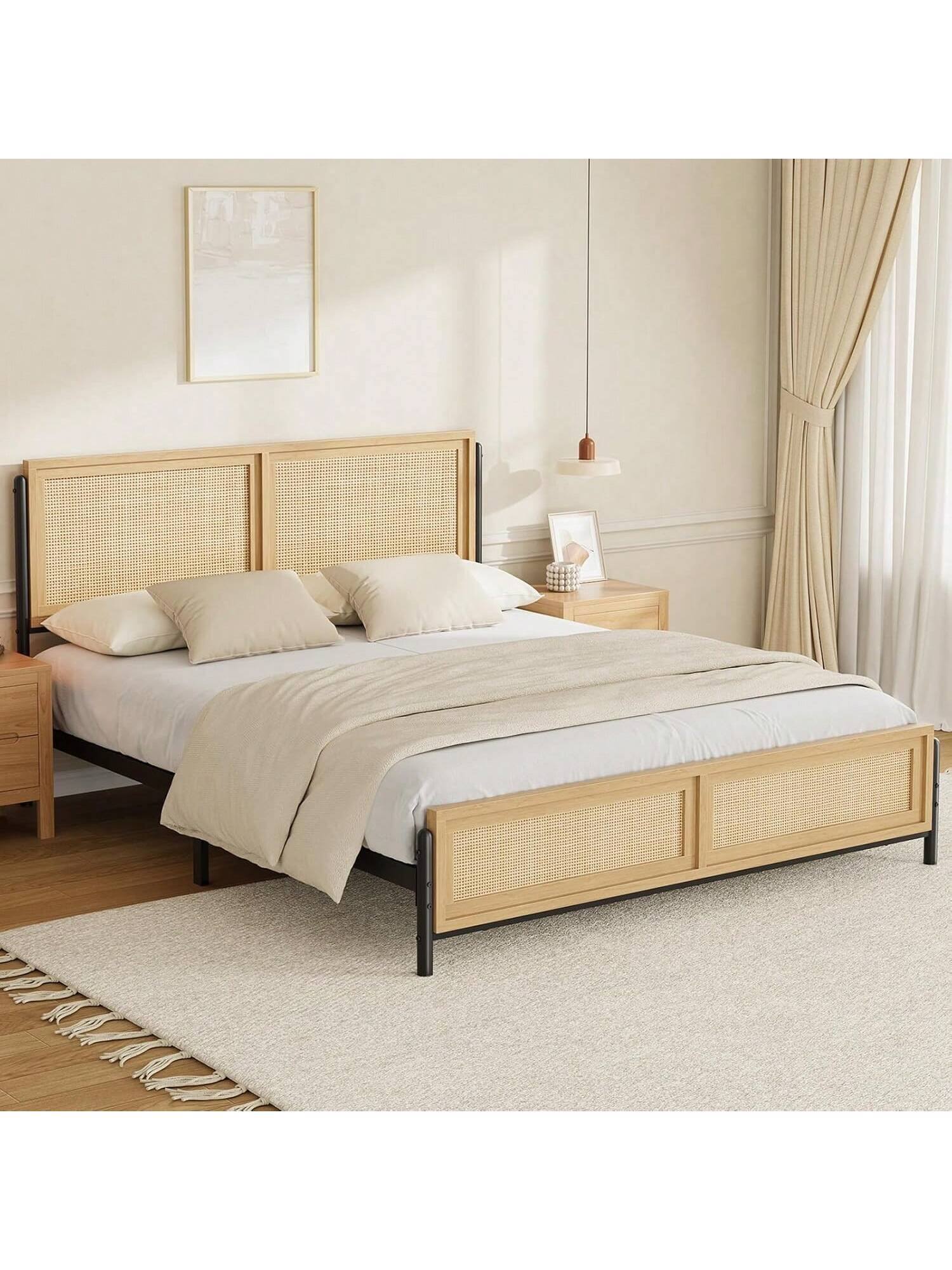 Jojoka Rattan Bed Frame Full with Natural Headboard, Boho Platform ...