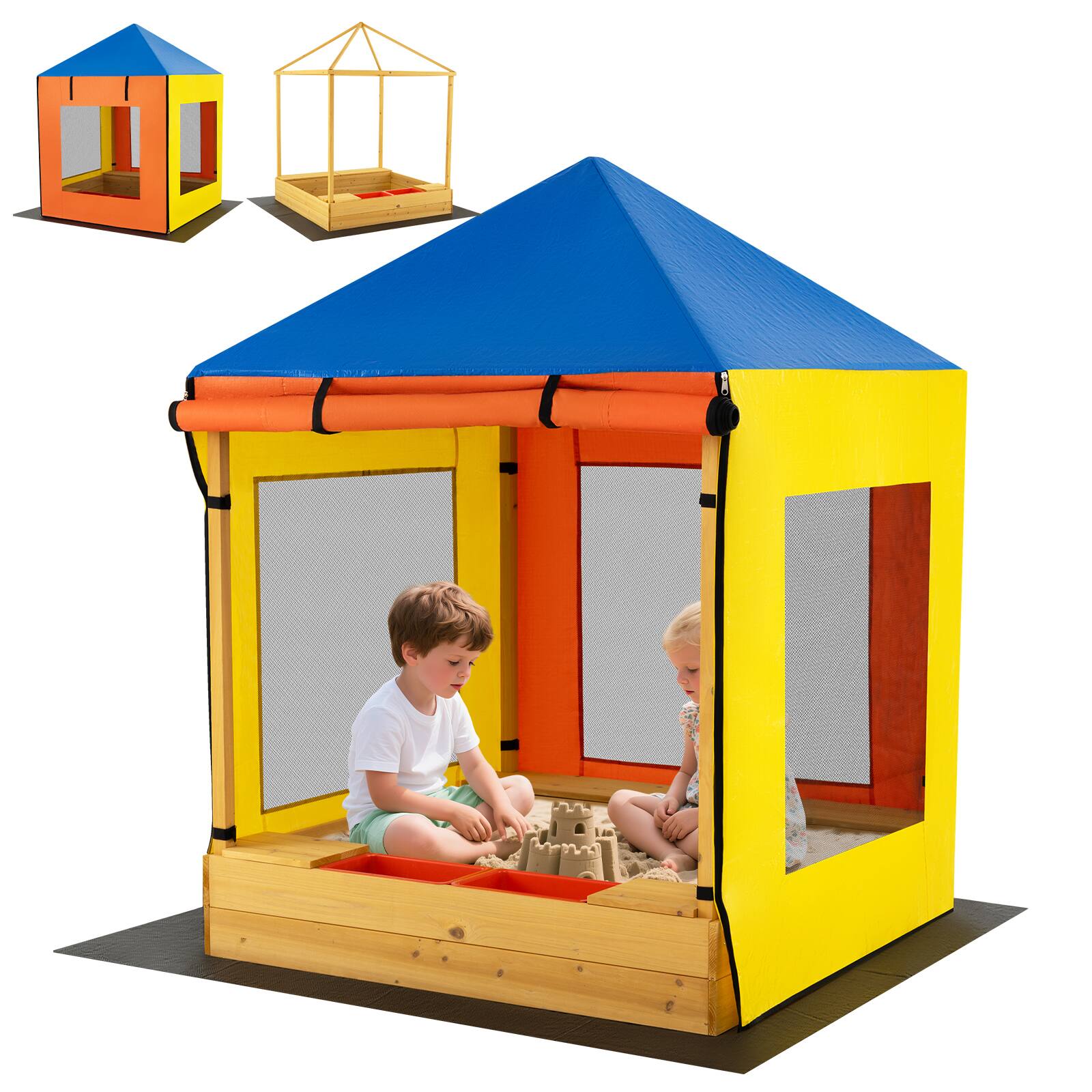 Gymax Kids Wooden Sandbox w/ Canopy Sand Pit w/ Windows & Curtains ...