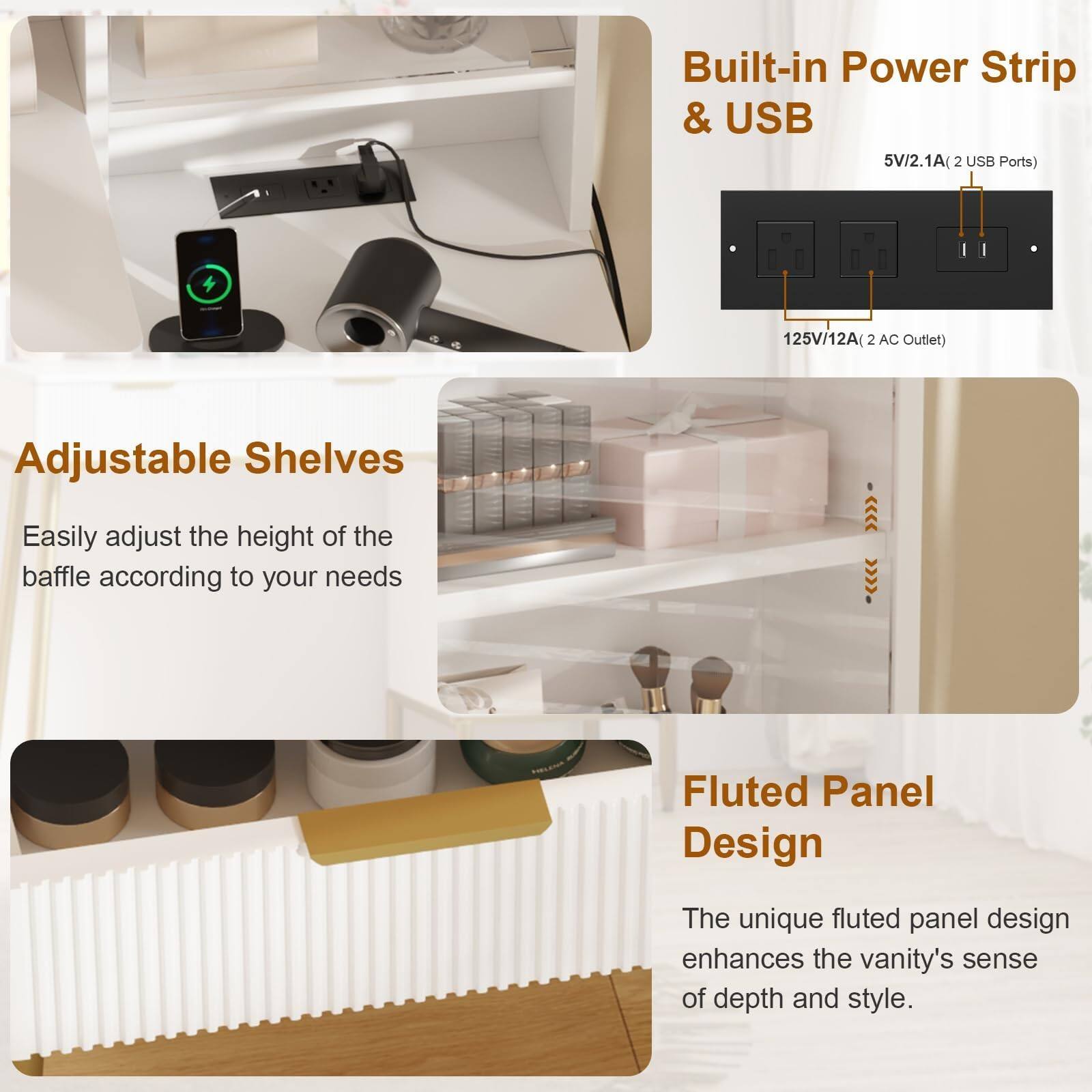 Acekool Fluted Vanity Desk with Mirror and Lights, Makeup Vanity Desk with 5 Drawers ...