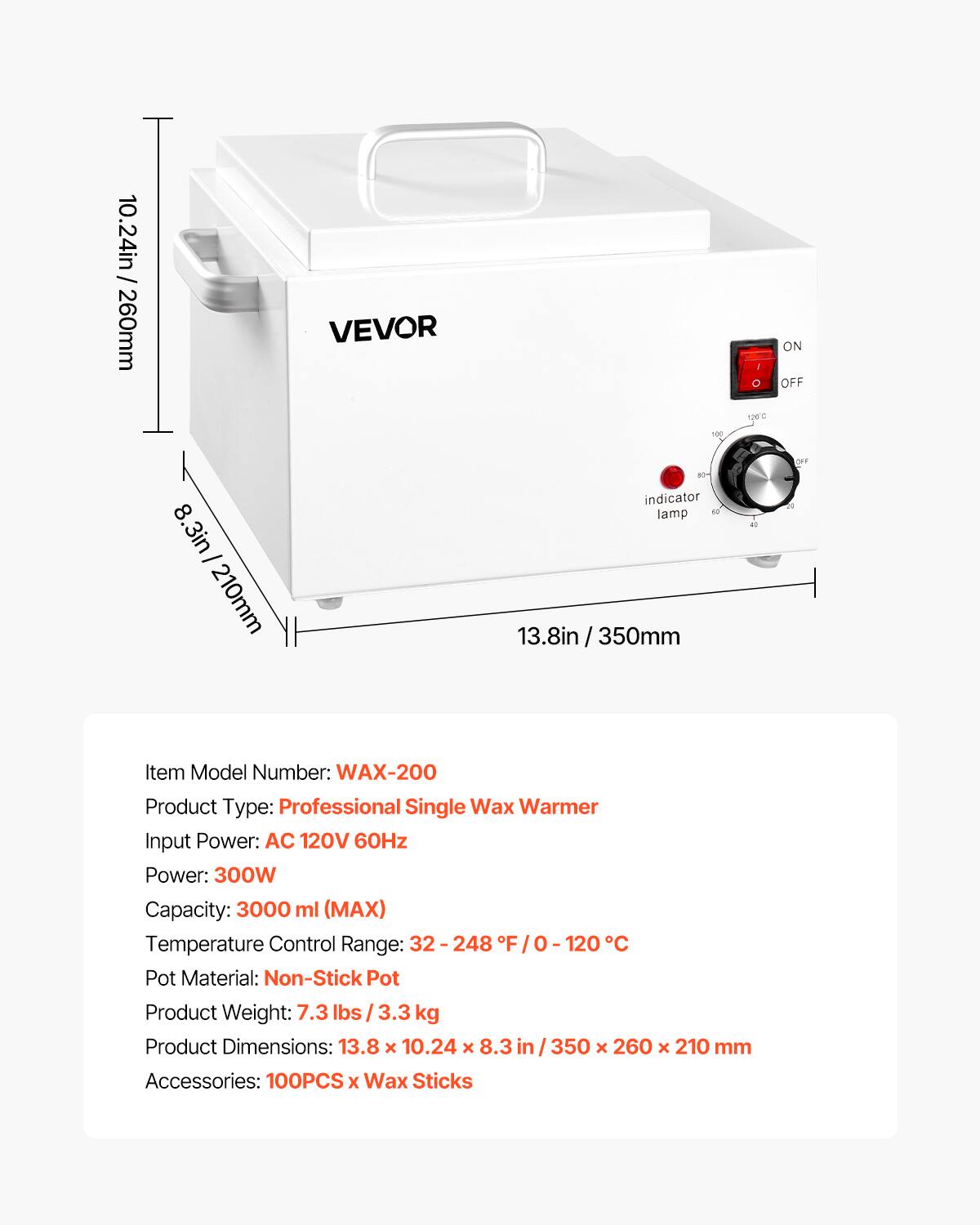 VEVOR Single Wax Warmer, 3000ML 300W Professional Wax Warmer, 32 ℉ 248 ...