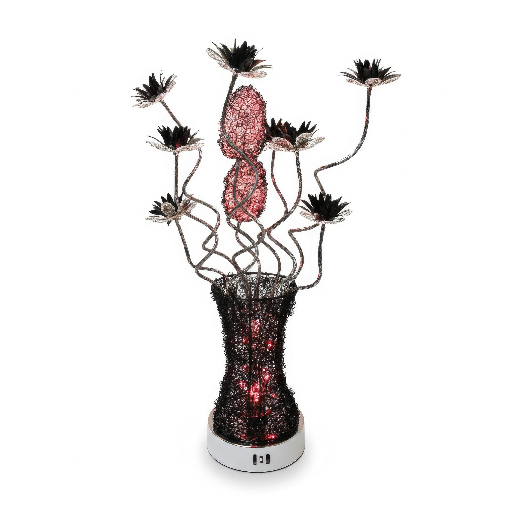 FC Design 24"H Black Textured Vase & Floral Stem Red Changing Light ...