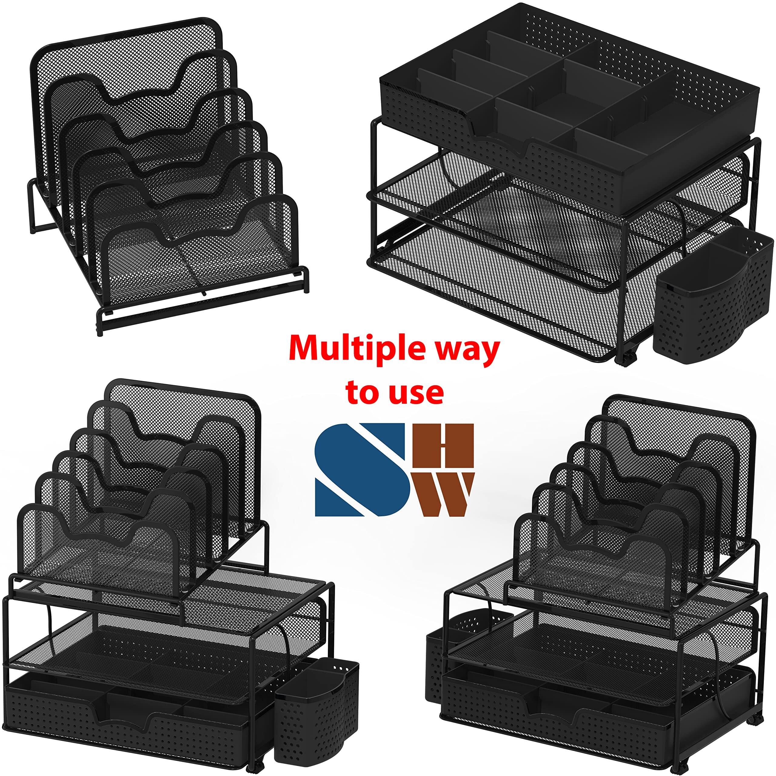 Paradigms Interiors Mesh Desk Organizer With Sliding Drawer Double Tray ...