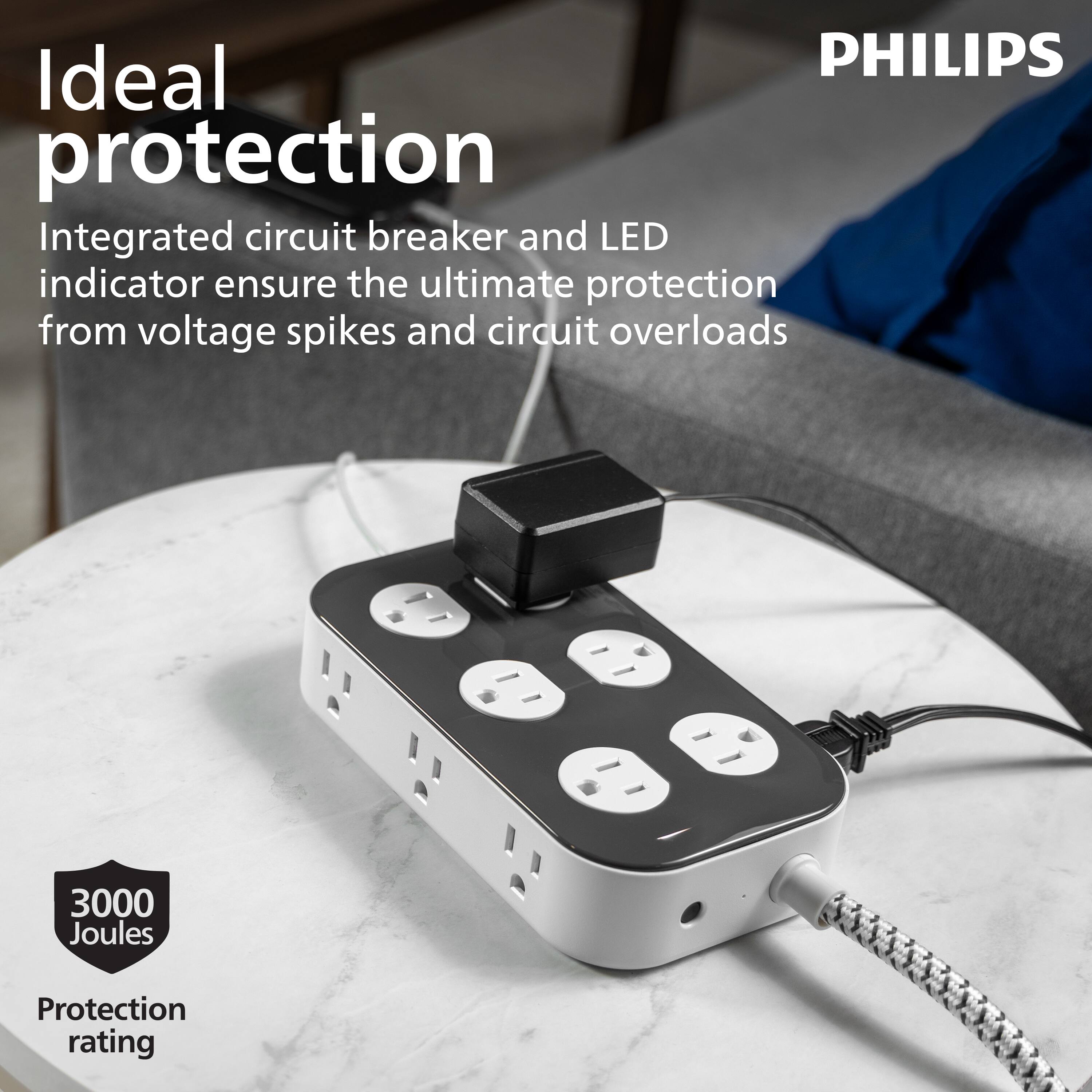 Philips Surge Protector, 12 Outlet, 2 USB A, 1 USB C, 3000J, Braided ...
