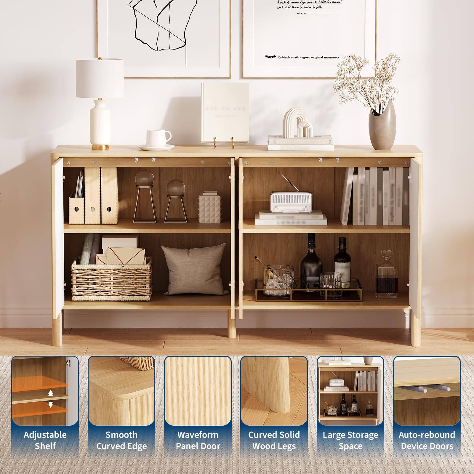 Jojoka Fluted Sideboard Buffet Cabinet with 4 Doors, Adjustable Shelves ...