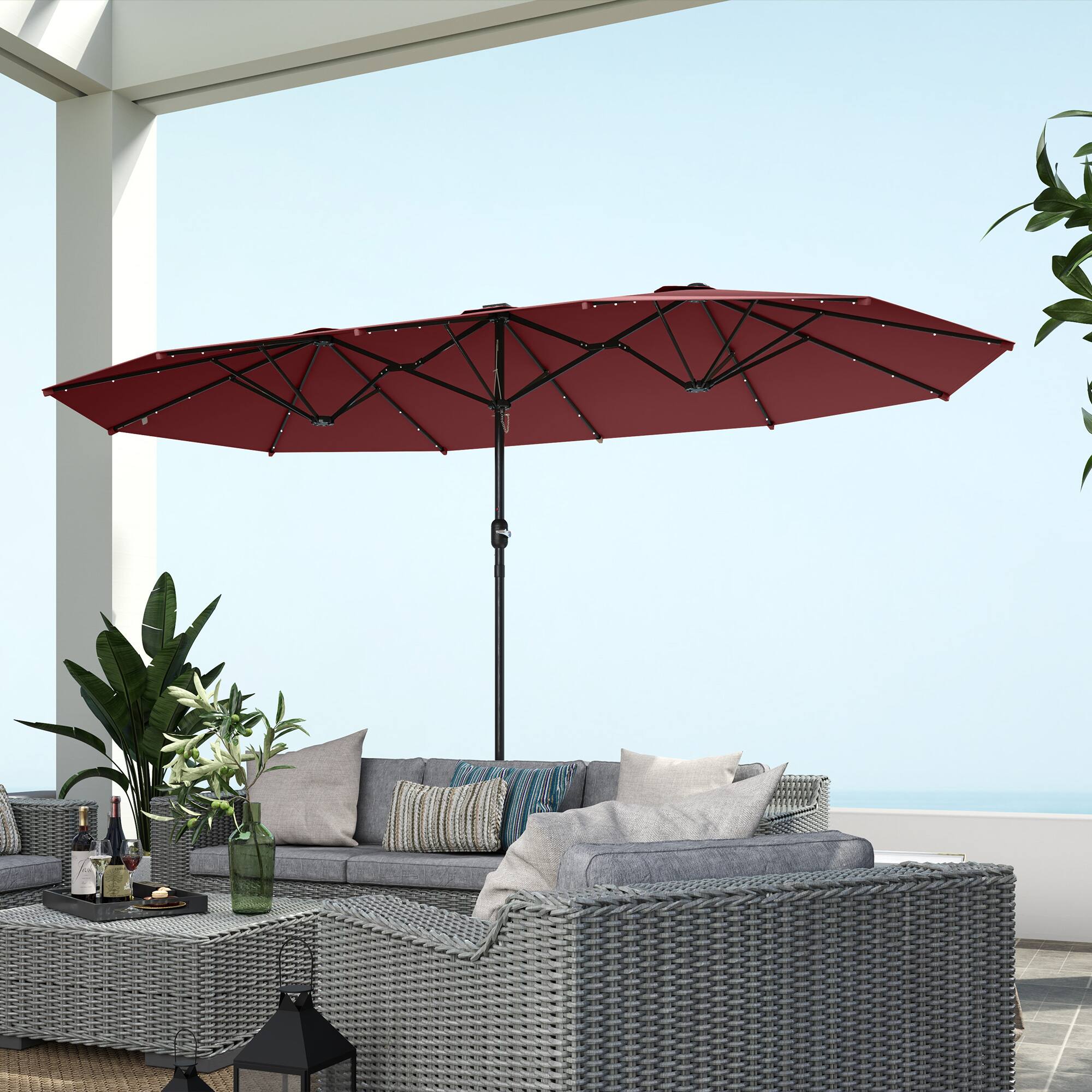 Outsunny 14.4ft Double Umbrella, Large Outdoor Patio Umbrella with Base ...