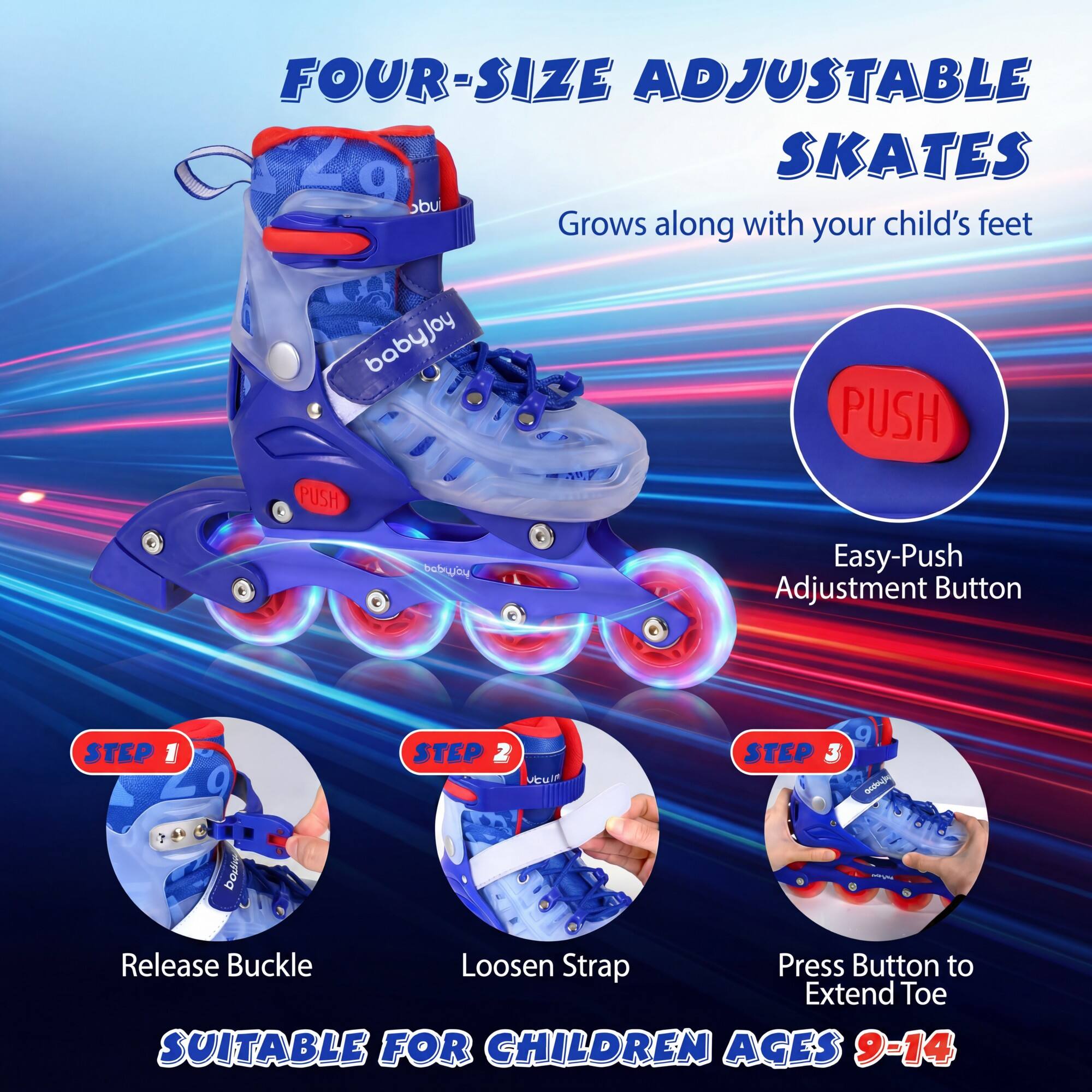 Costway Kids Inline Skates for Boys Girls Ages 7 9, Adjustable 4 Sizes ...