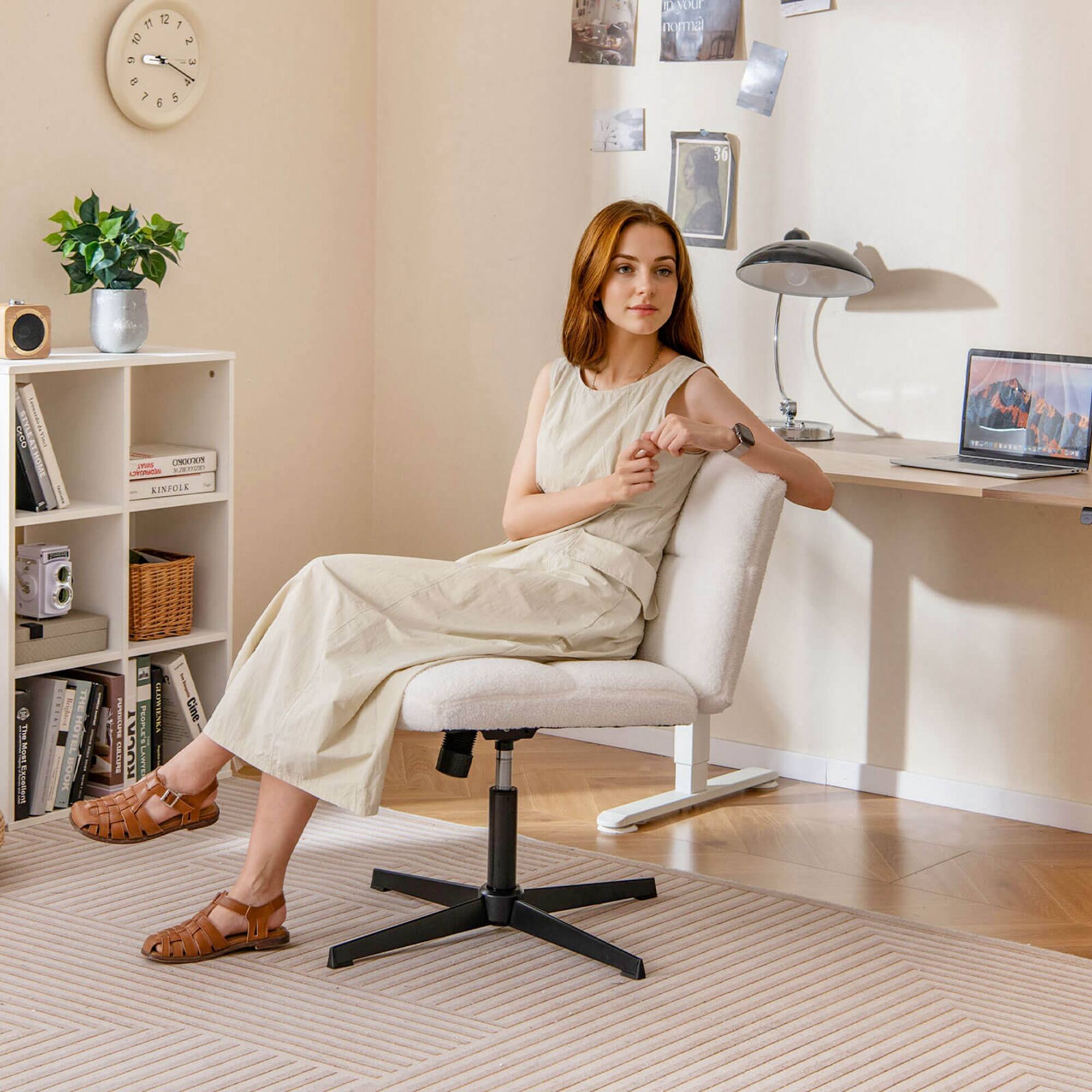 Costway 360° Rotation Soft Faux Fabric Office Study Chair with Adjustable Support White ...