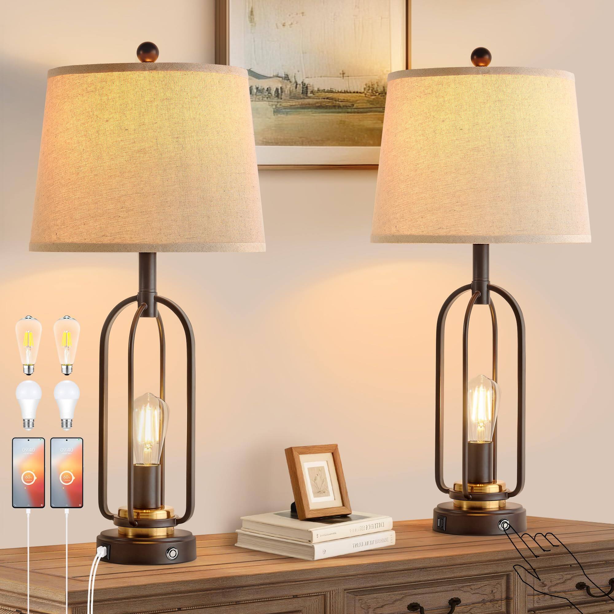 TECH SAFARI Farmhouse Table Lamps For Living Room Set Of Dimmable Touch ...
