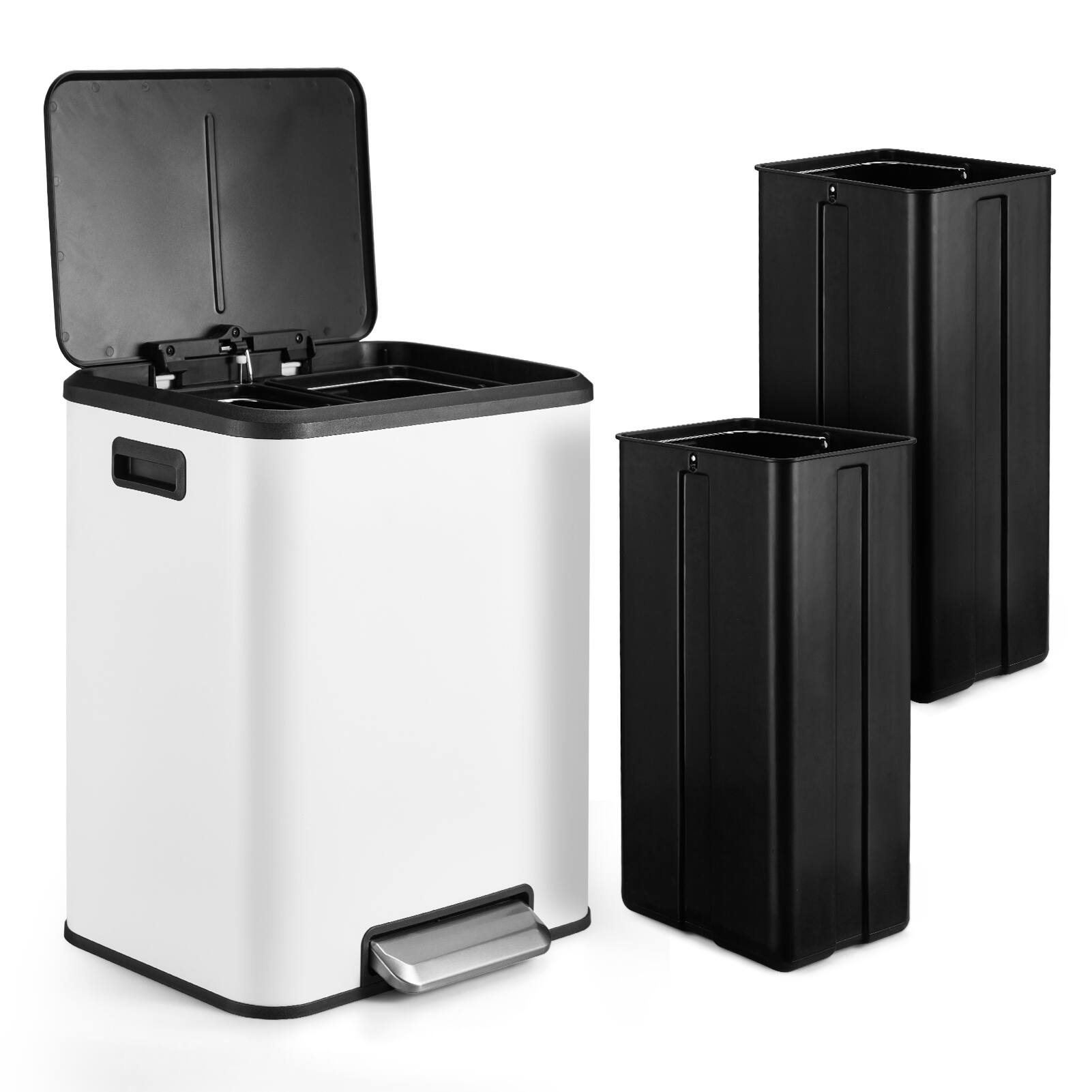 Babevy 30L Dual Trash Can, 2×4 Gallon Stainless Bins, White, Foot Pedal ...