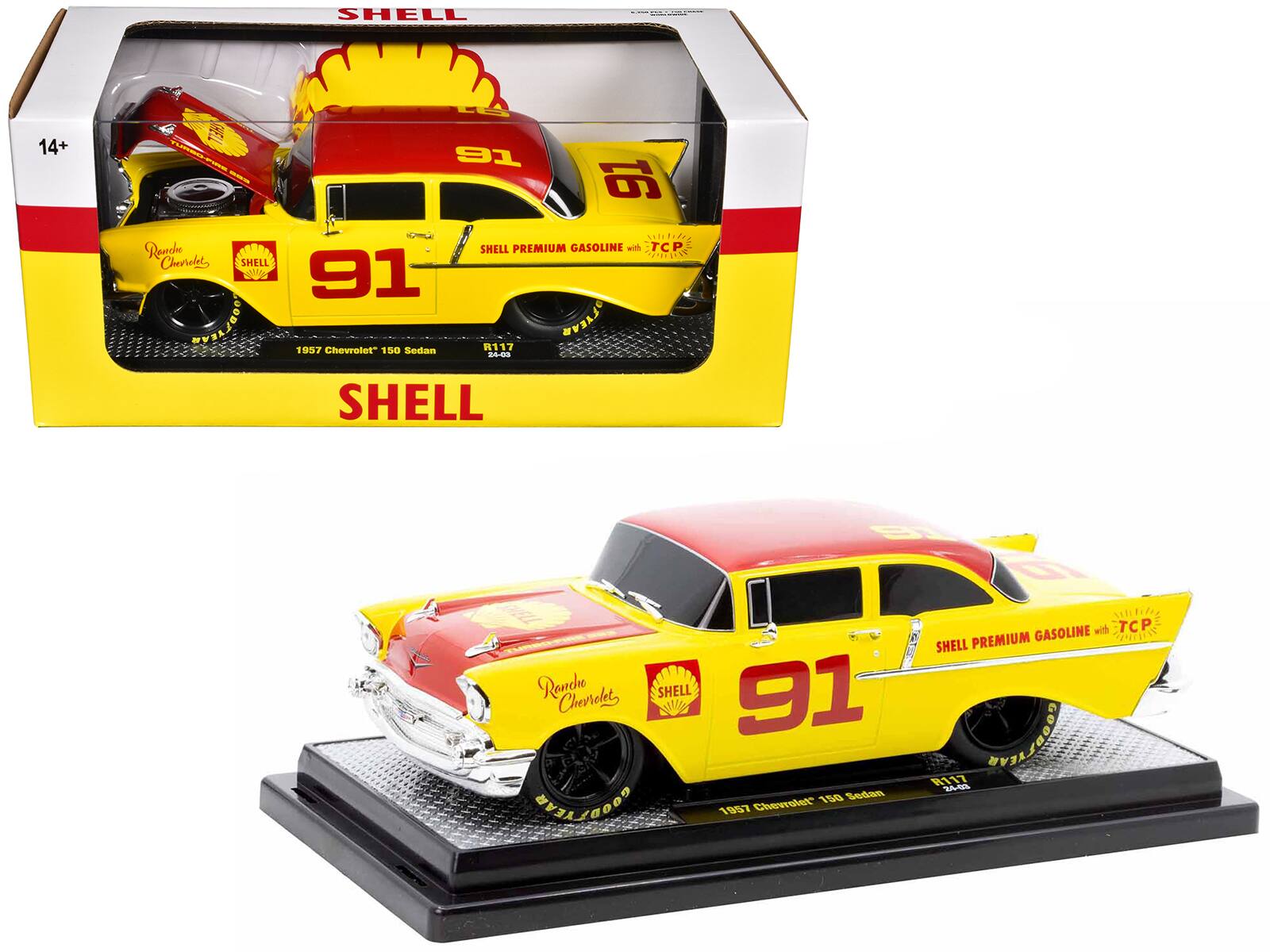 M2 1957 Chevrolet 150 Sedan #91 Yellow Red Hood Top "Shell Oil" 1/24 ...