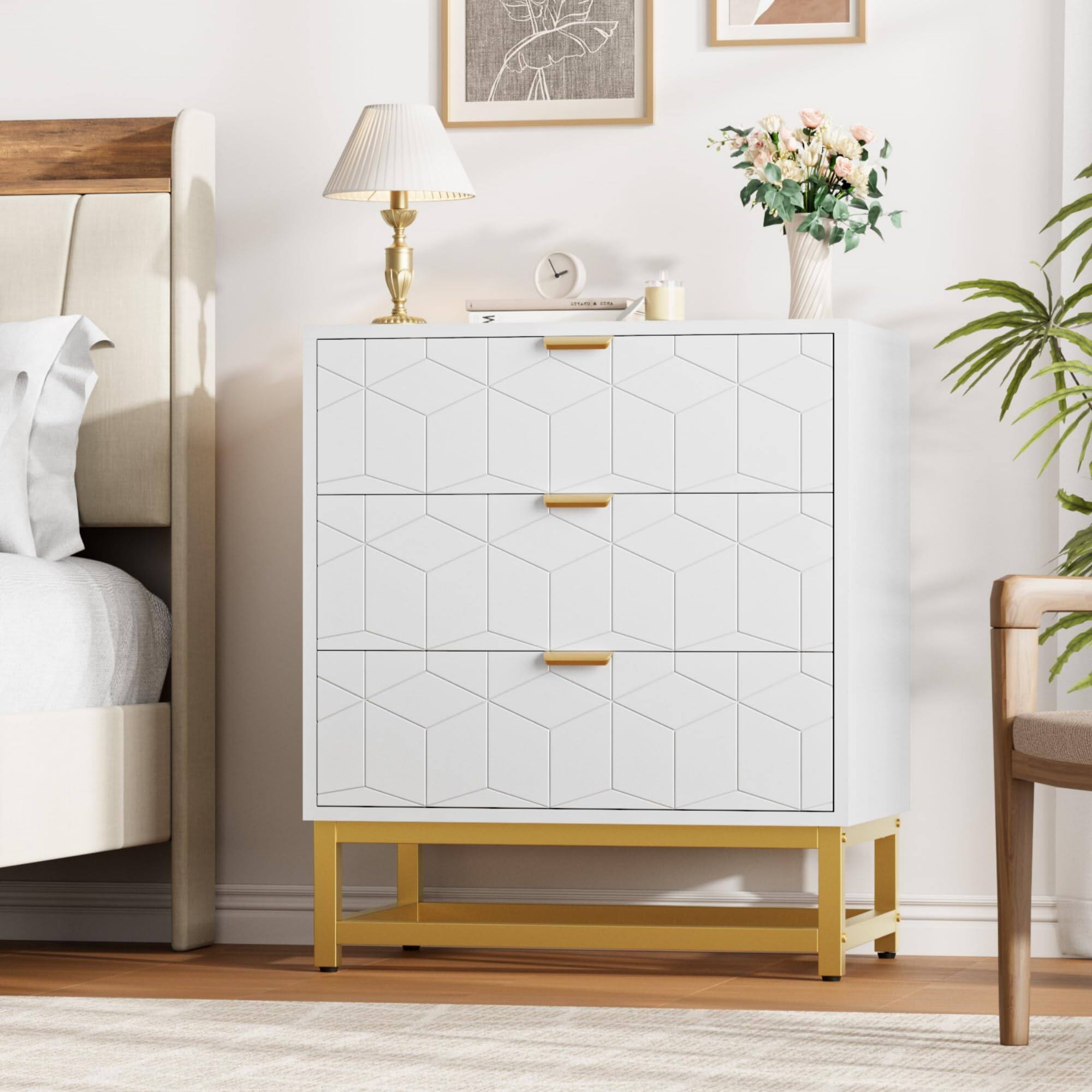 Jojoka Modern 3 Drawer Dresser for Bedroom, Wooden Chest with Gold ...