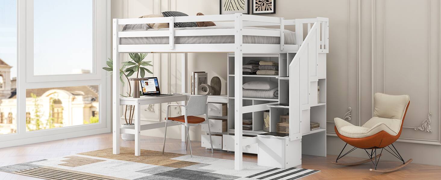 Tiramisubest Full Size White Pine Loft Bed with L Shaped Desk, Drawers ...