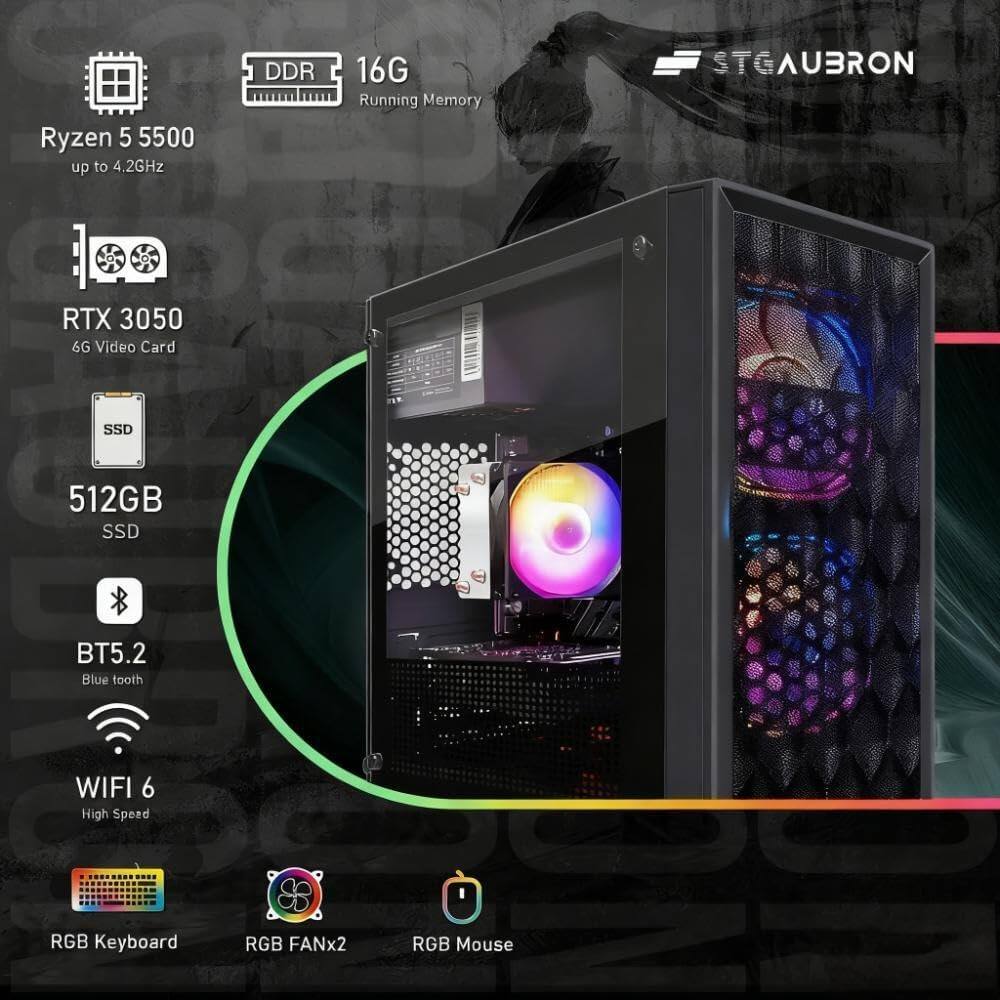 STGAubron Gaming PC Computer Desktop, AMD Ryzen 5 5500 up to 4.2GHz ...
