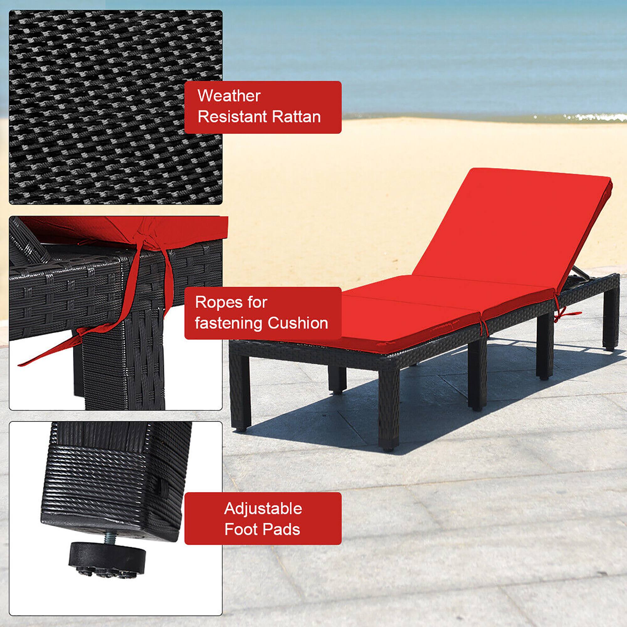 Gymax 2PCS Patio Lounge Chair Rattan Chaise w/ Adjustable Red & Off ...