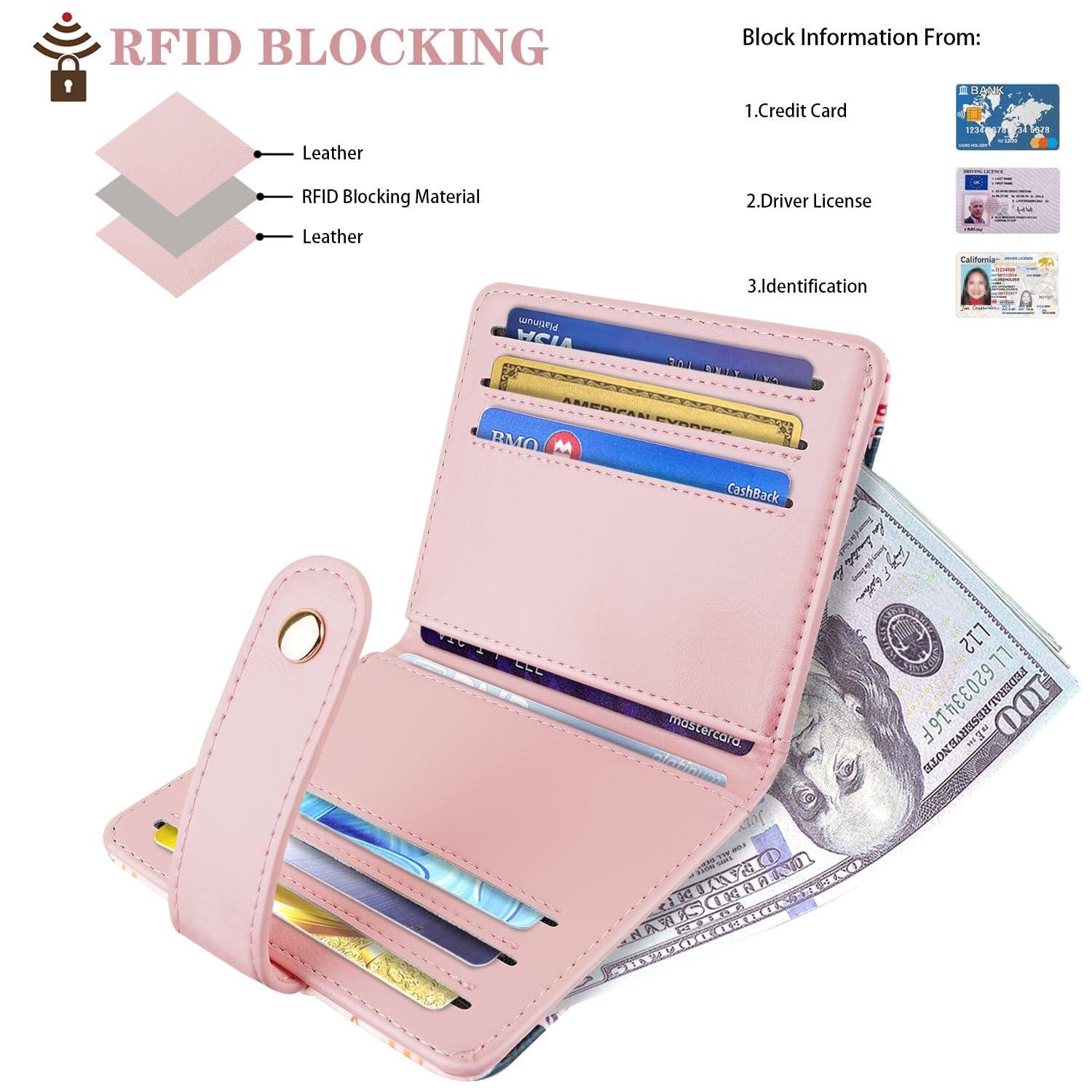 Jadie Link Slim Bifold Wallet Rfid Credit Card Small Cute Holder Women Pink Flowers Minimalist ...