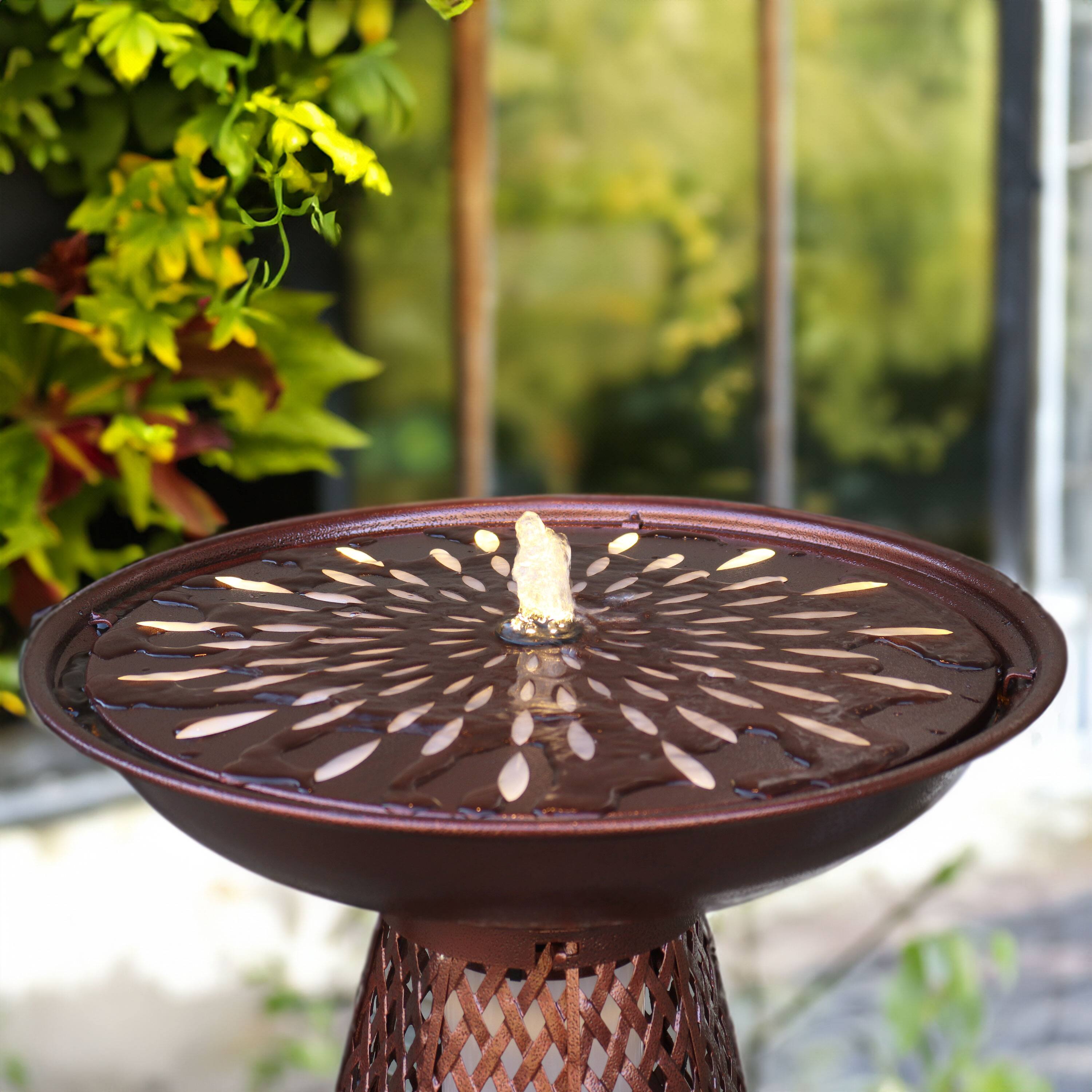 Sunnydaze Iron Crosshatch Bird Bath Water Fountain with LED Lights ...