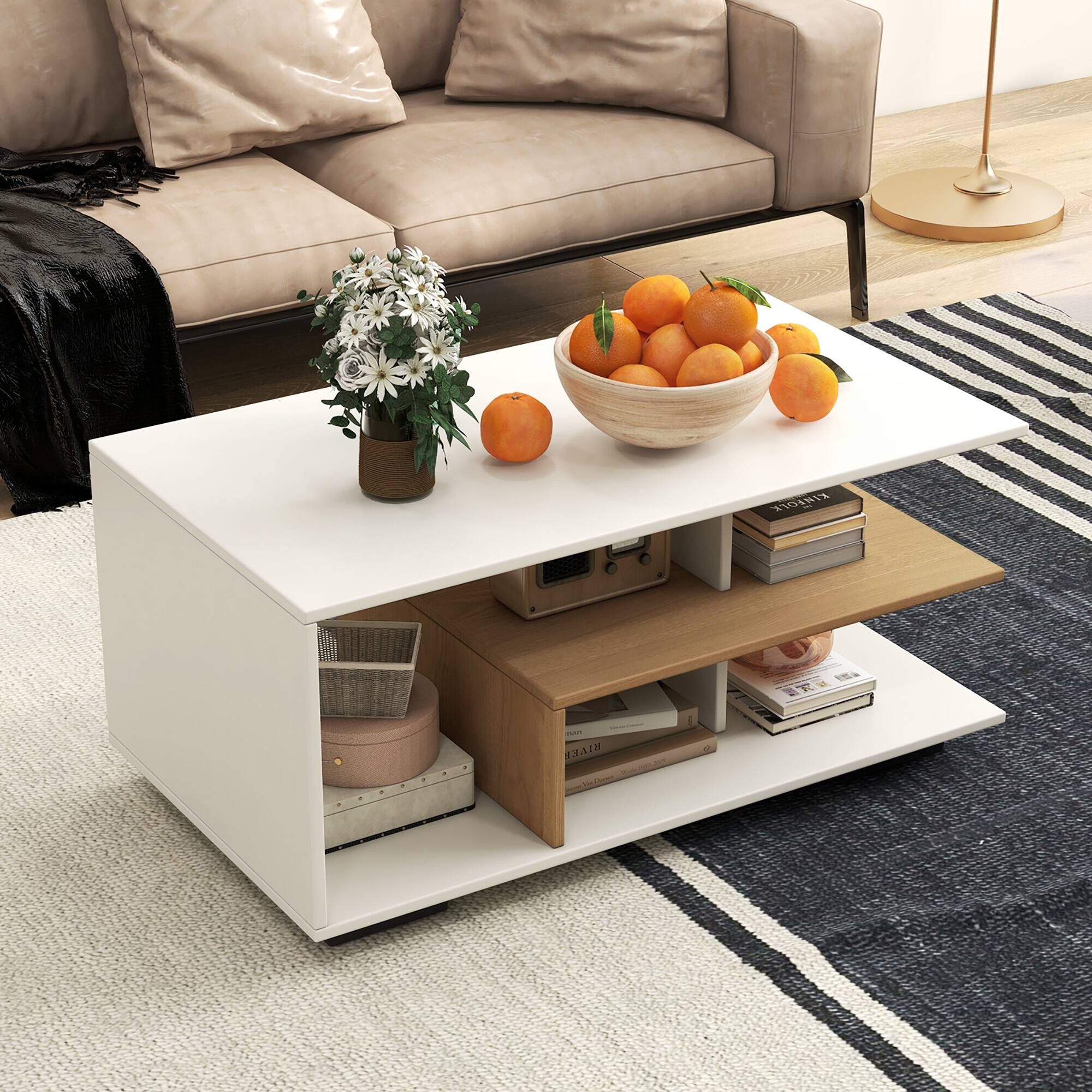 Gymax Geometric Coffee Table w/ Storage Shelves 3 Tier Rectangular Tea ...
