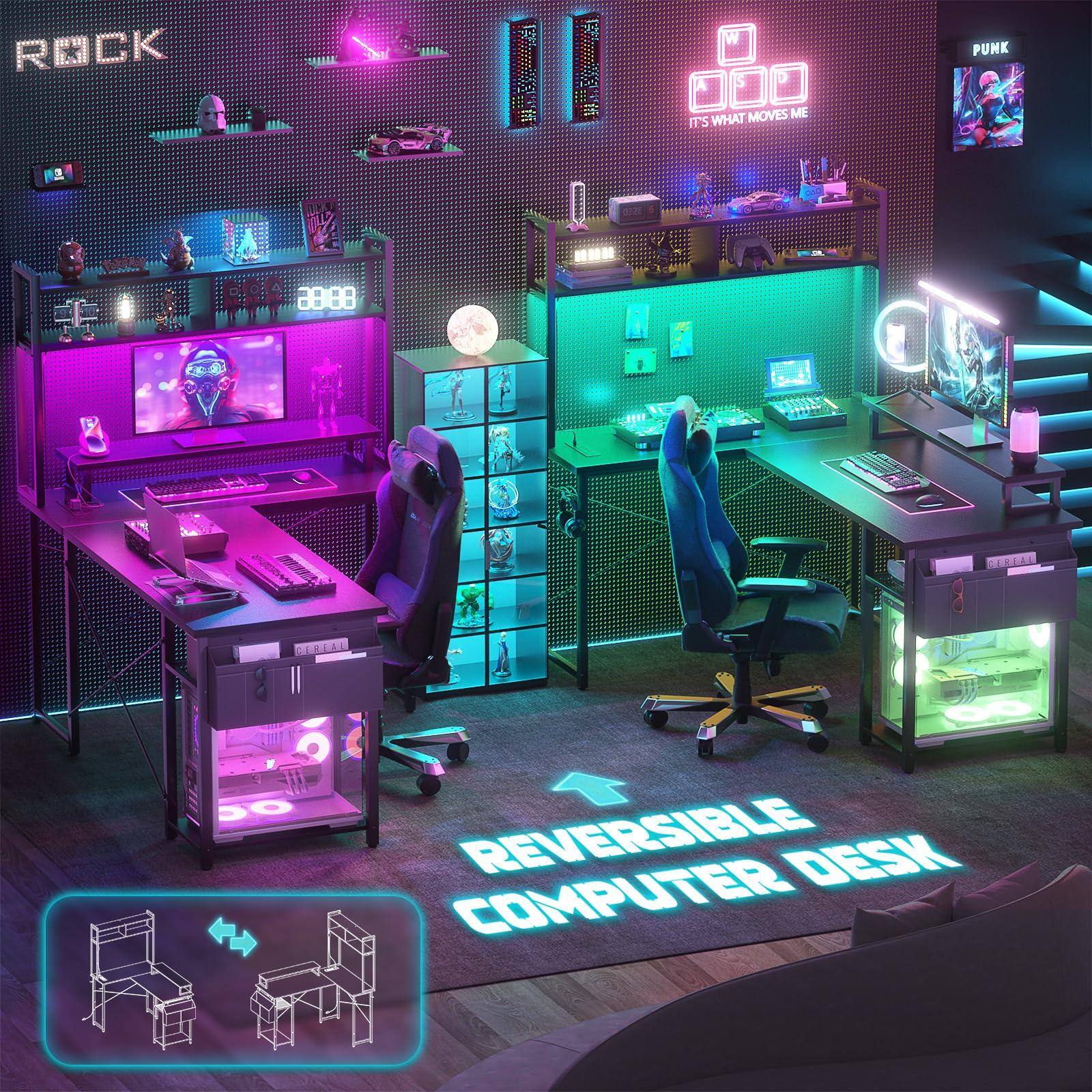 Hirose Alice Small L Shaped Gaming Desk With Led Lights & Power Outlets ...