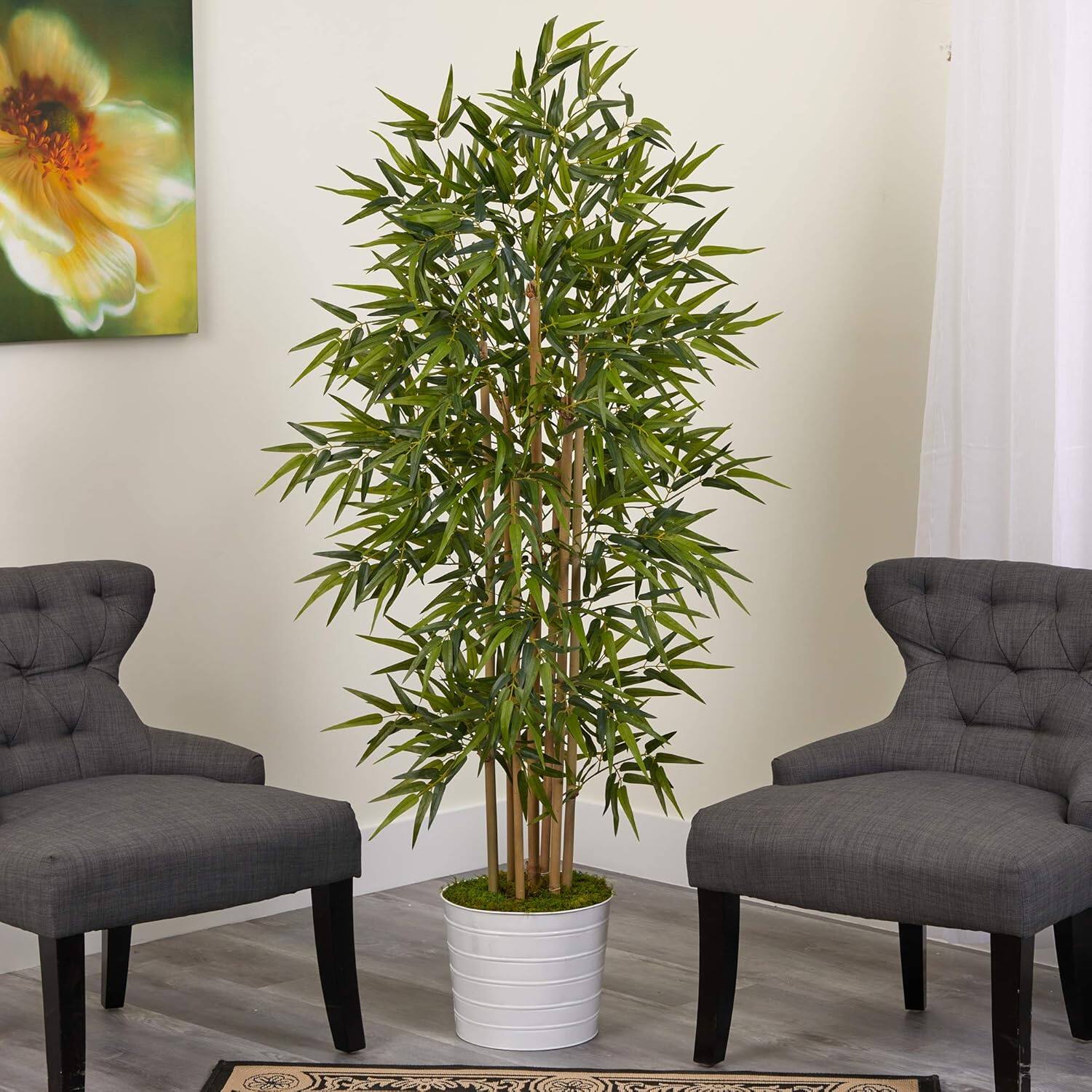 BreeBe 64" Bamboo Artificial Tree in White Tin Planter Green T1306 ...