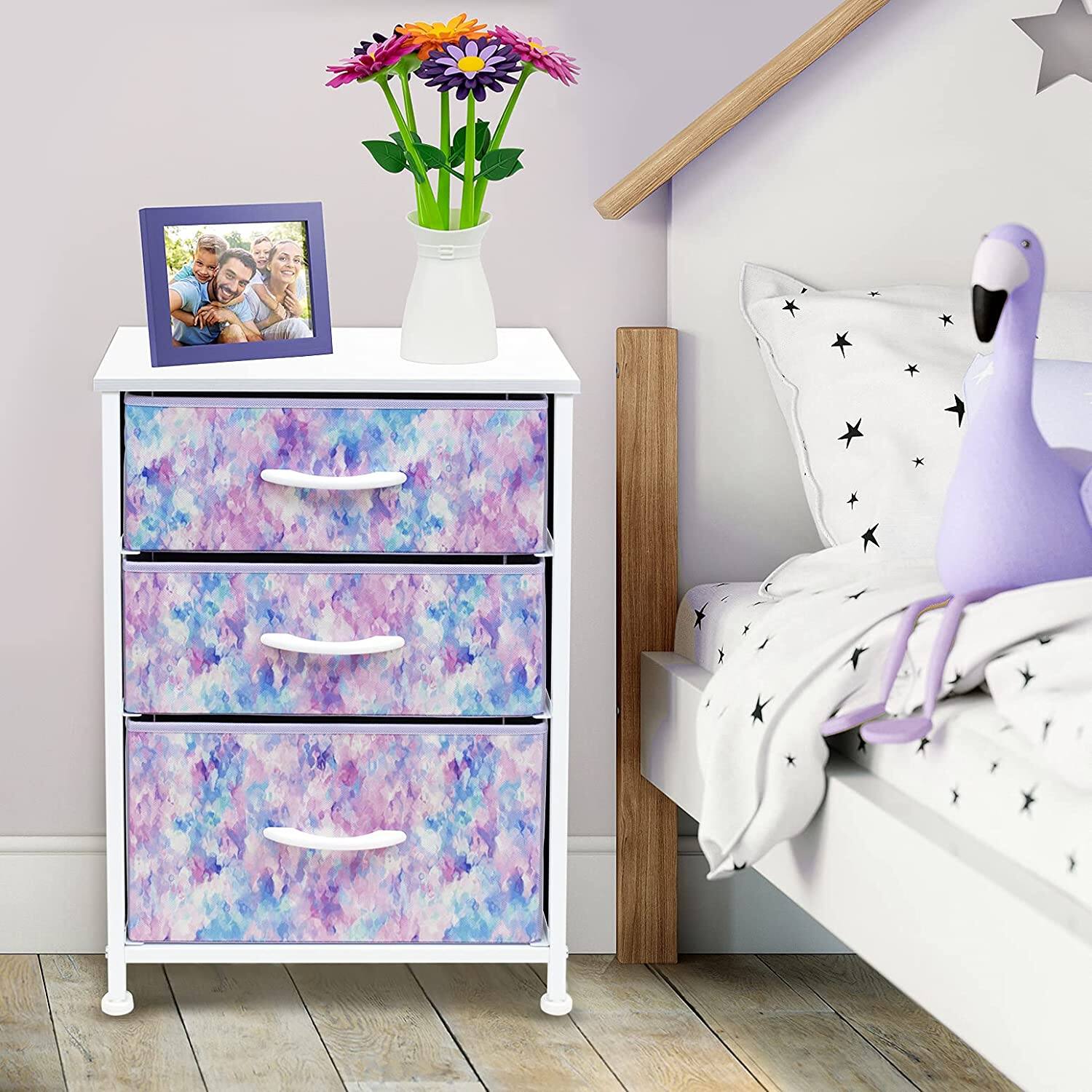 Sorbus Nightstand with 3 Drawers Steel Frame, Wood Top &Fabric Bins ...