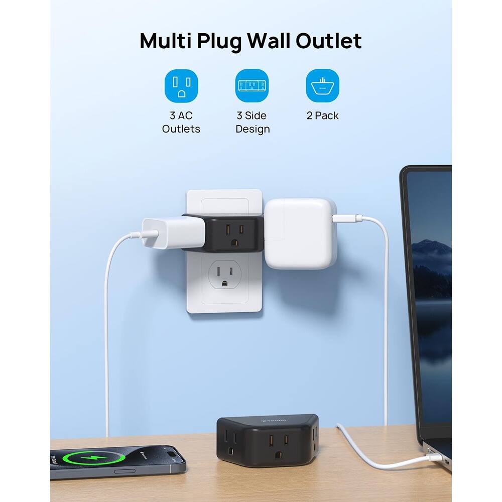 MOSZAR LLC 3 Way Multi Plug Wall Outlet – Angled Extender, 3 Prong ...