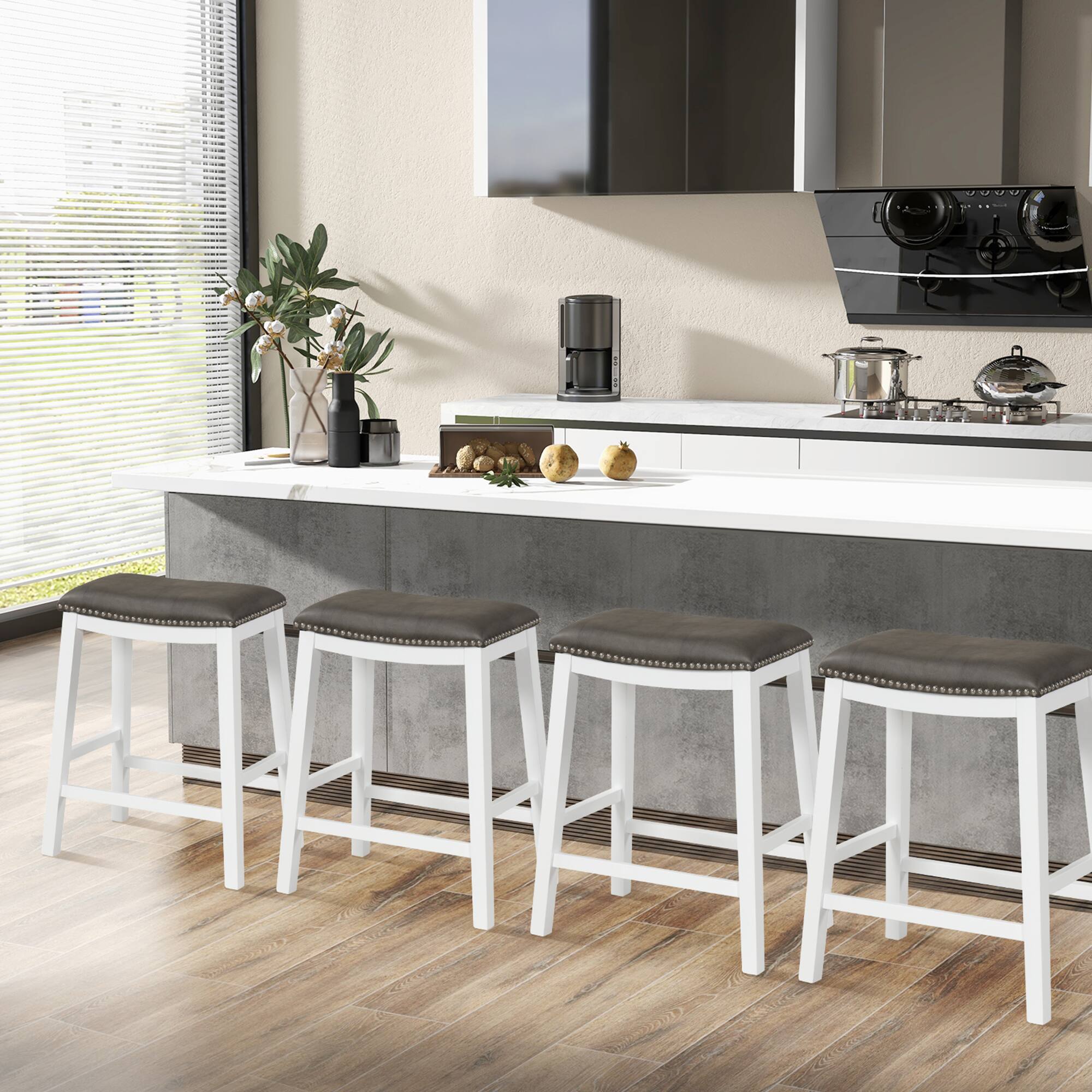 Gymax 4PCS 26'' Upholstered Counter Height Bar Stool PVC Leather Saddle ...