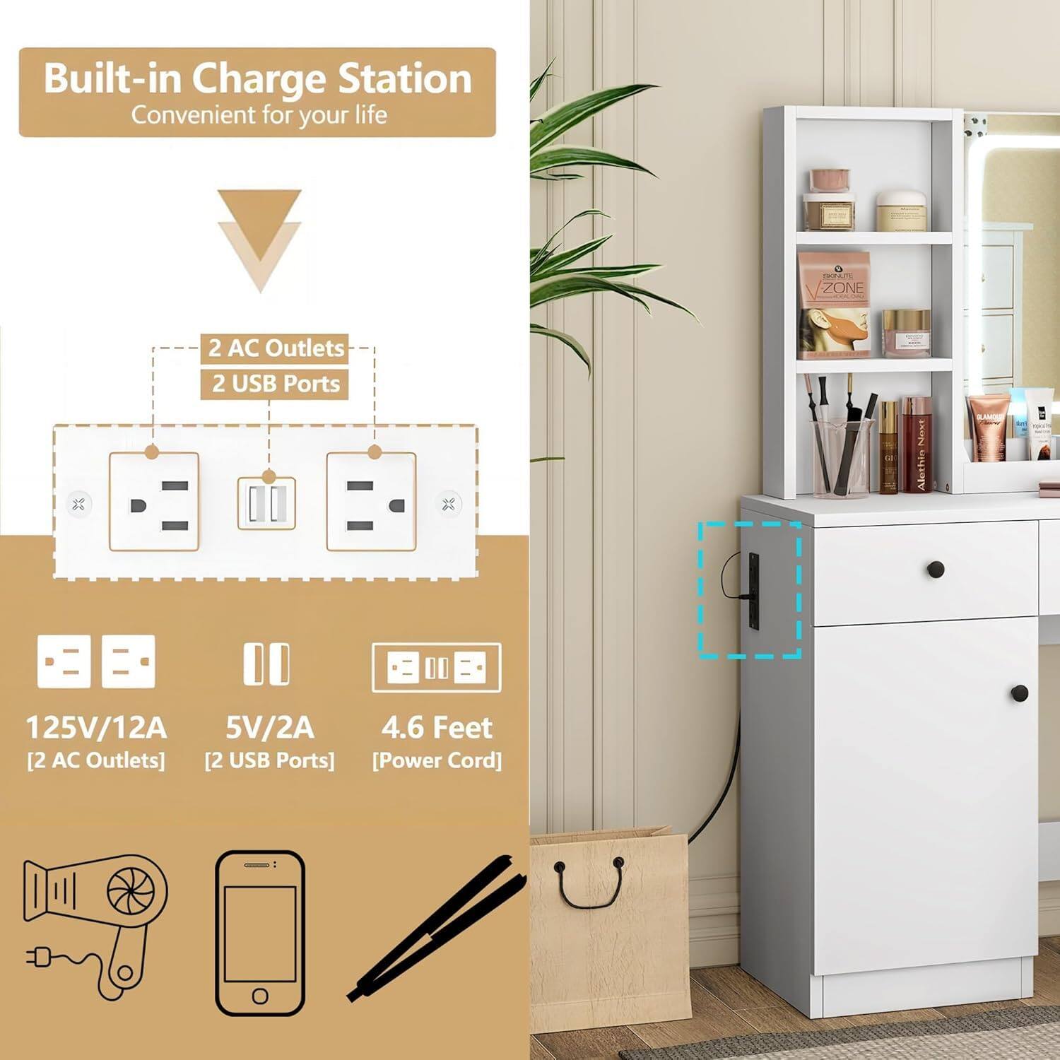 Jojoka Vanity Desk with Lighted Mirror & Power Outlet, Makeup Table ...