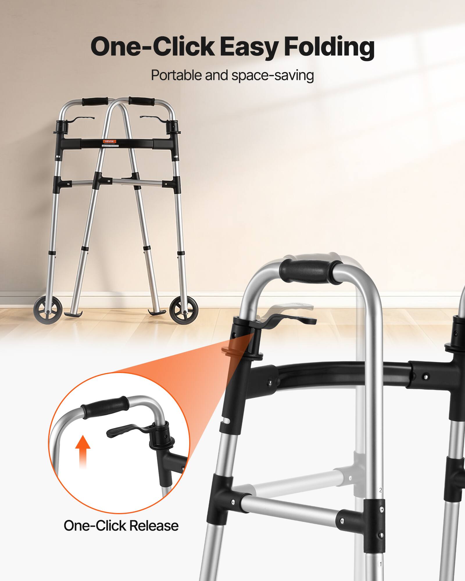 VEVOR Folding Walker, 2 Button Foldable Walker with 5" Wheels & 8 Level ...