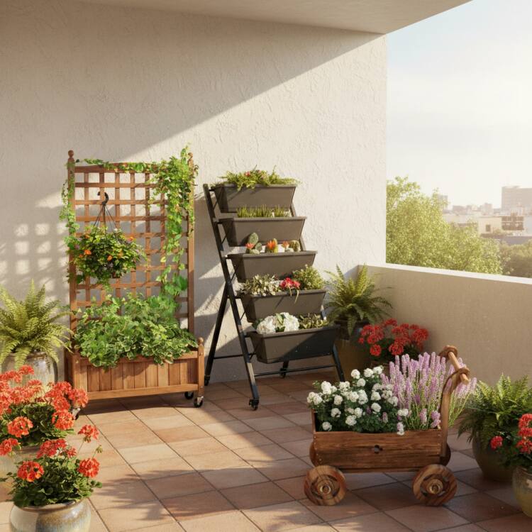 Mondawe 50 Inch Wooden Planter Box with Trellis and Lockable Wheels ...
