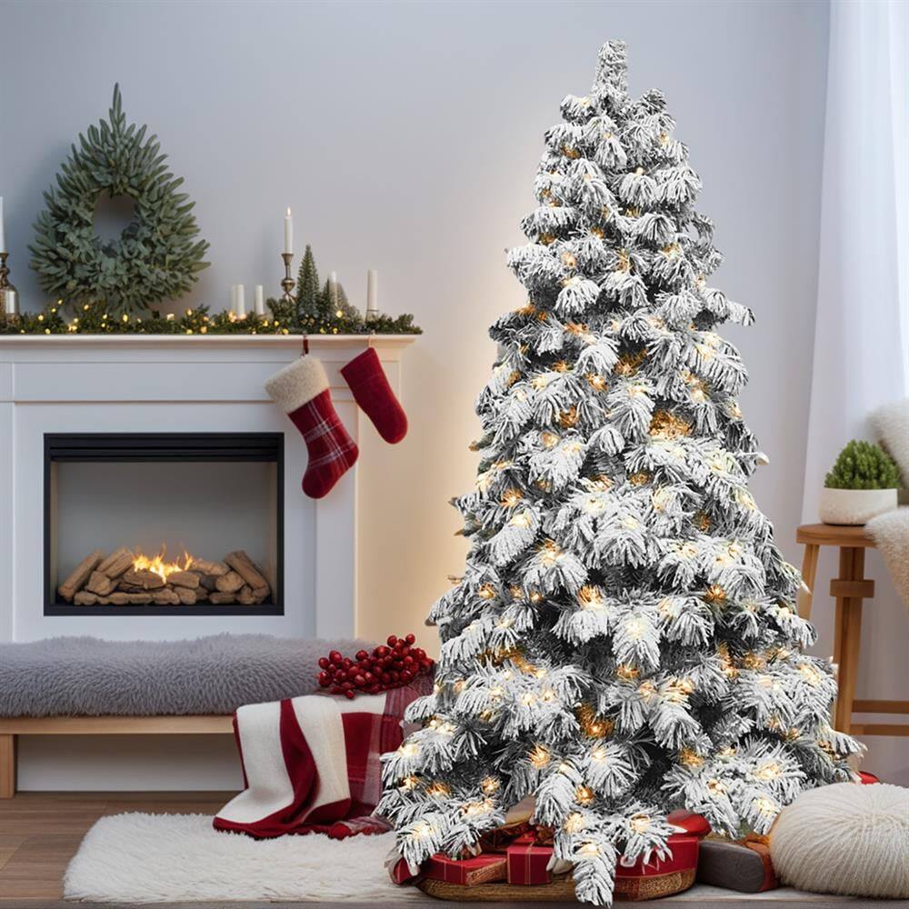 Pefilos 8Ft Flocked Snowy Christmas Tree with 470 Warm LEDs, Hinged ...